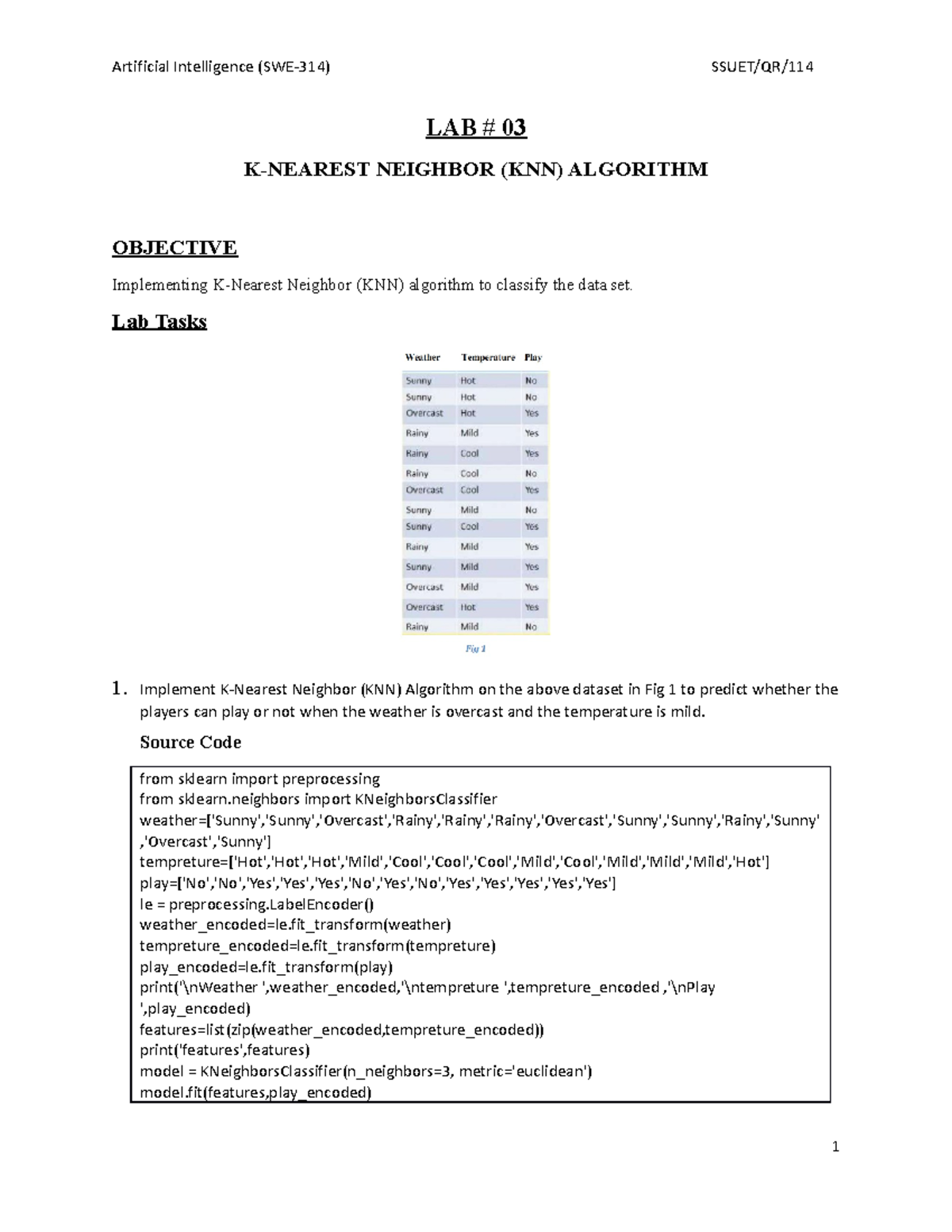 LAB3 Solve - Artificial Intelligence (SWE-314) SSUET/QR/ LAB # 03 K-NEAREST NEIGHBOR (KNN ...
