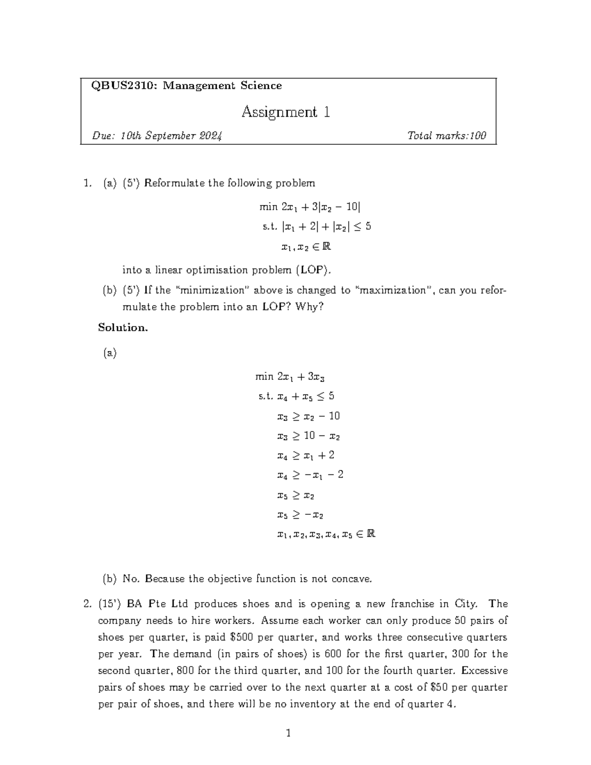 QBUS2310 Assignment 1 Solution - QBUS2310: Management Science ...