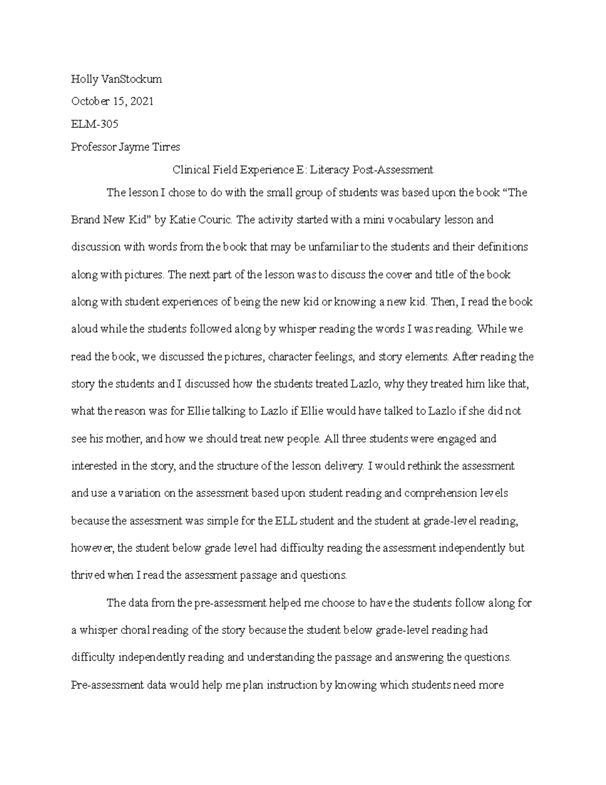 Clinical Field Experience E- Literacy Post-Assessment reflection ...