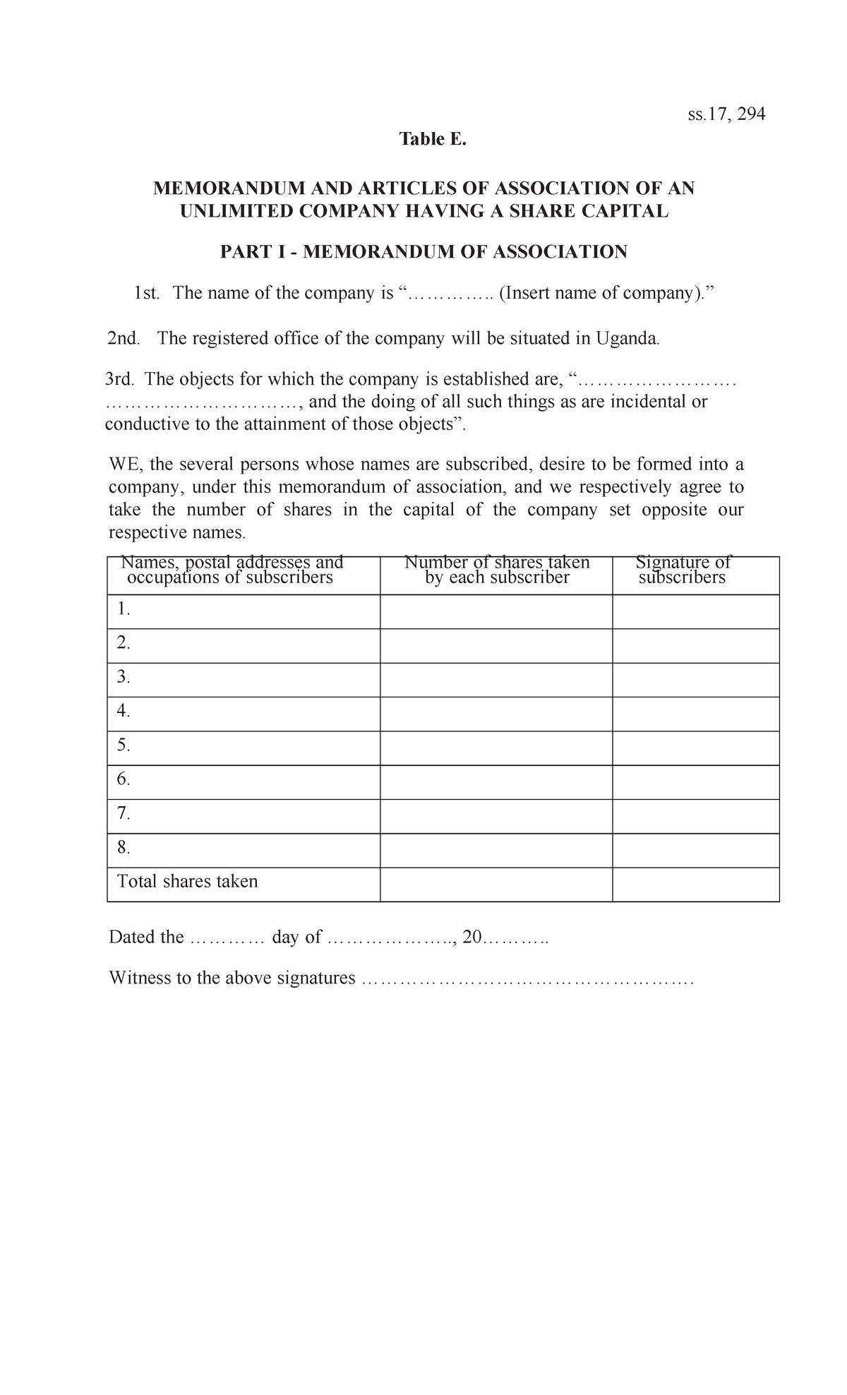 Table-E - Lecture notes 1 - ss, 294 Table E. MEMORANDUM AND ARTICLES OF ...