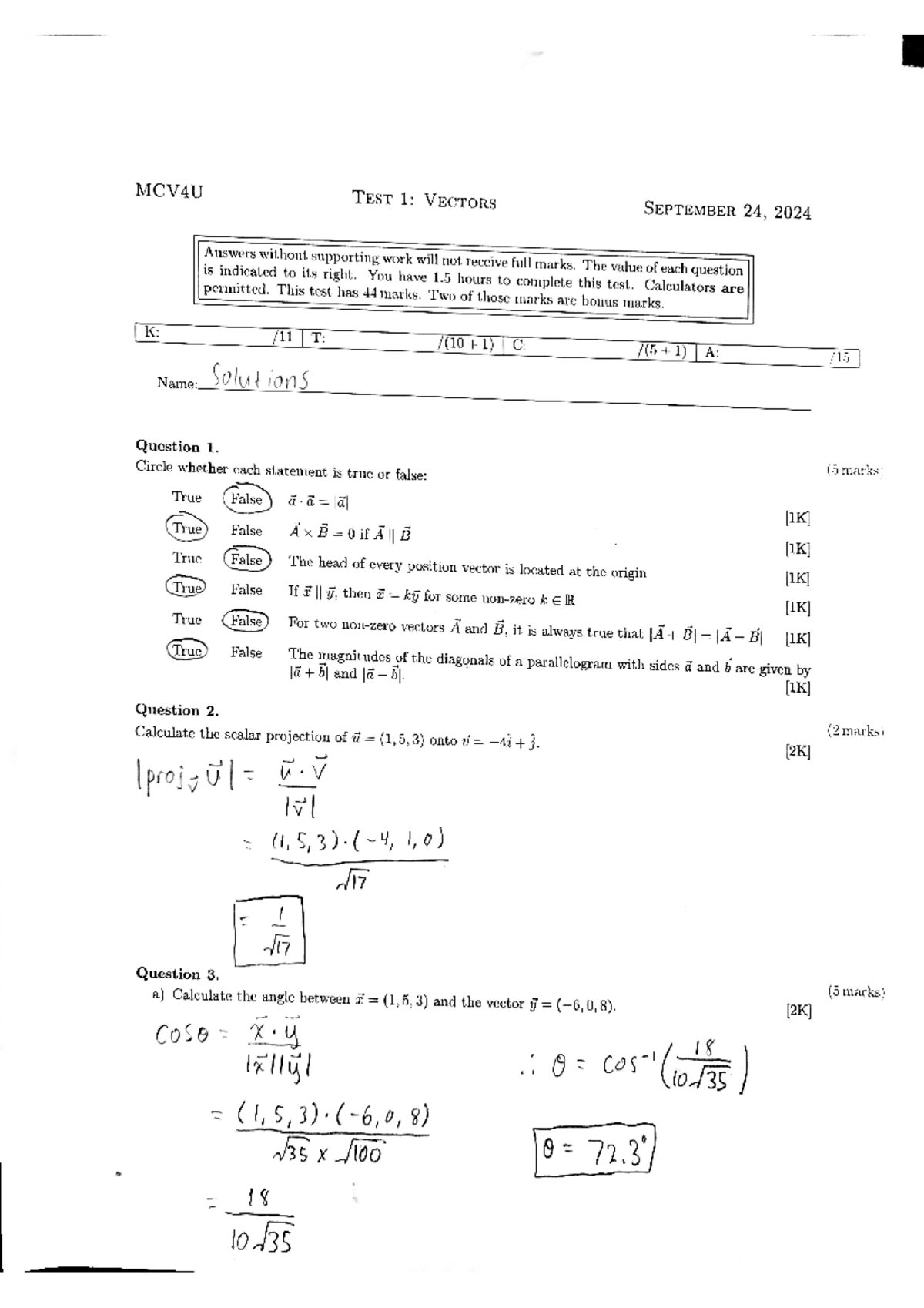 MCV4U Vectors Test - MCV4U TEST 1: VECTORS SEPTEMBER 24, 2024 Answers ...