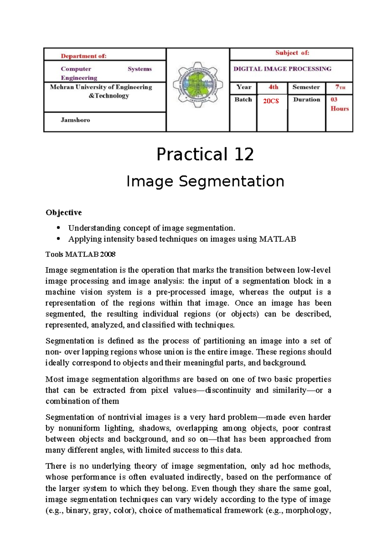 Practical 12 (DIP) - Practical 12 Image Segmentation Objective Understanding concept of image ...