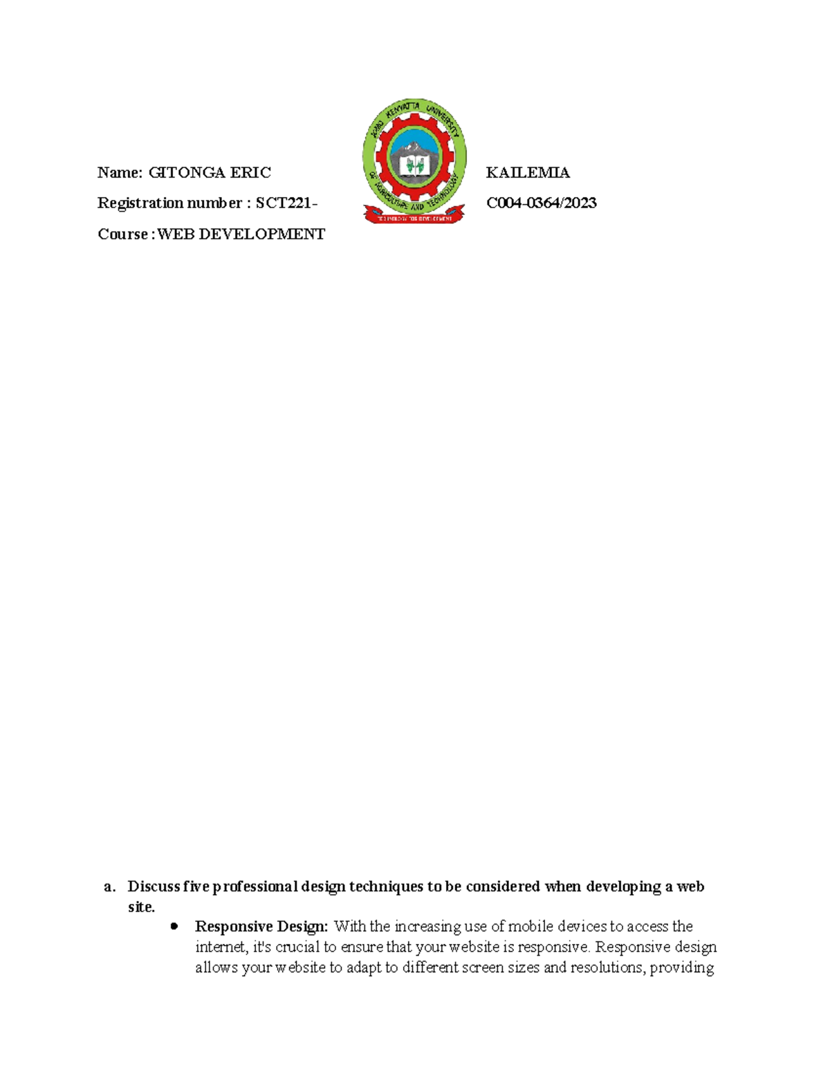 Erick web CAT 2 - Name: GITONGA ERIC KAILEMIA Registration number ...