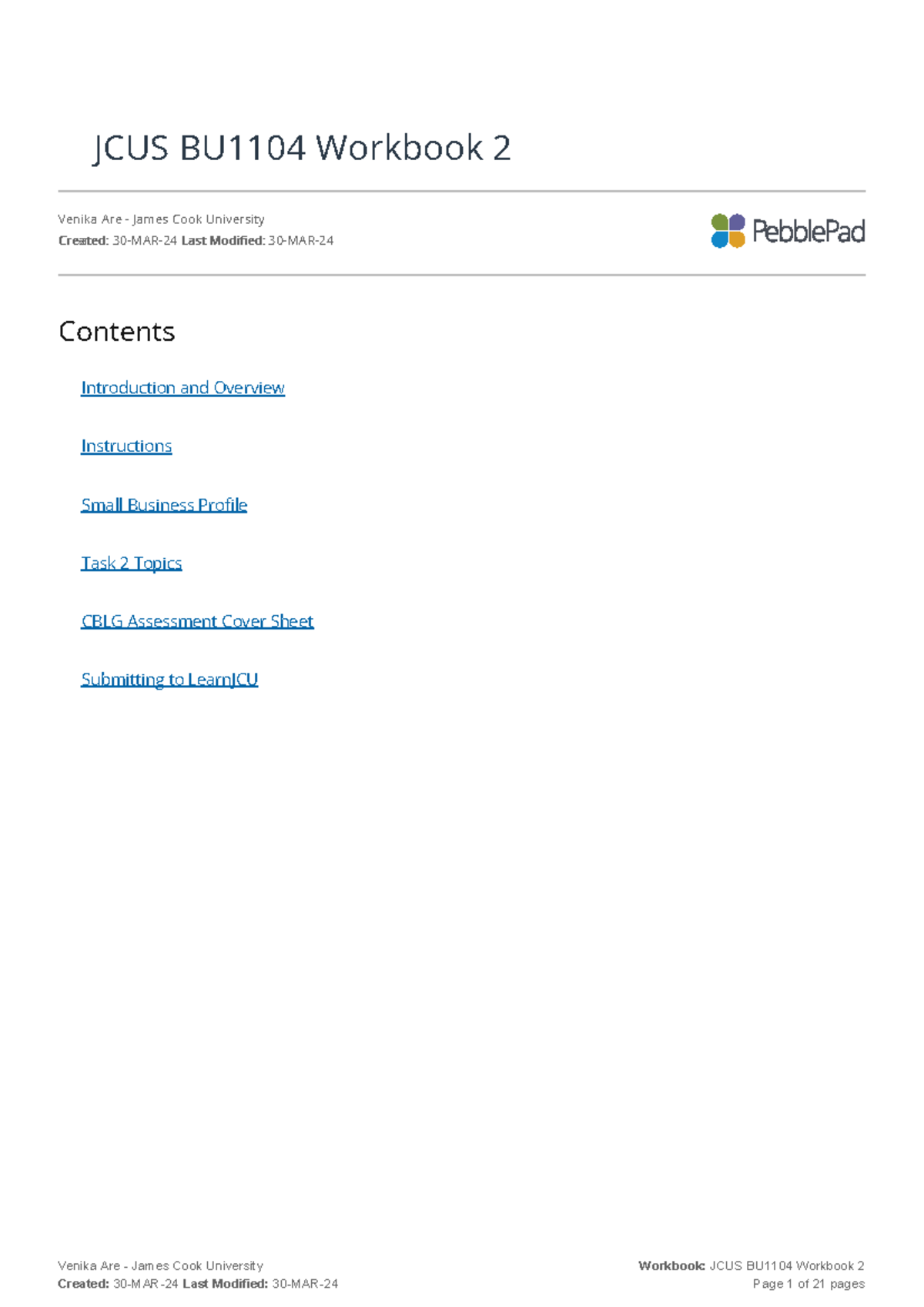 Jcusbu 1104workbook 2 new - JCUS BU1104 Workbook 2 Venika Are - James Cook University - Studocu