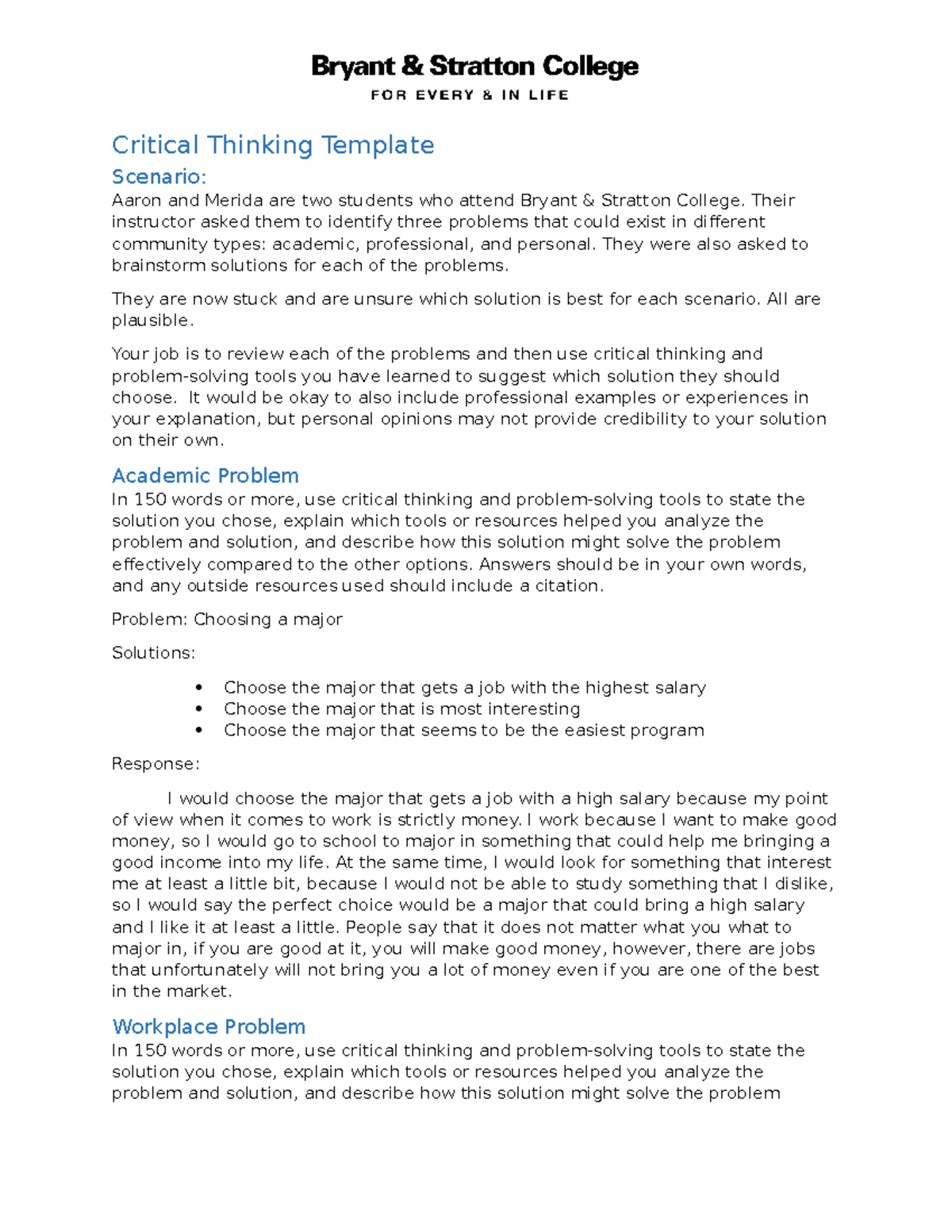 Critical Thinking Assignment - Critical Thinking Template Scenario ...