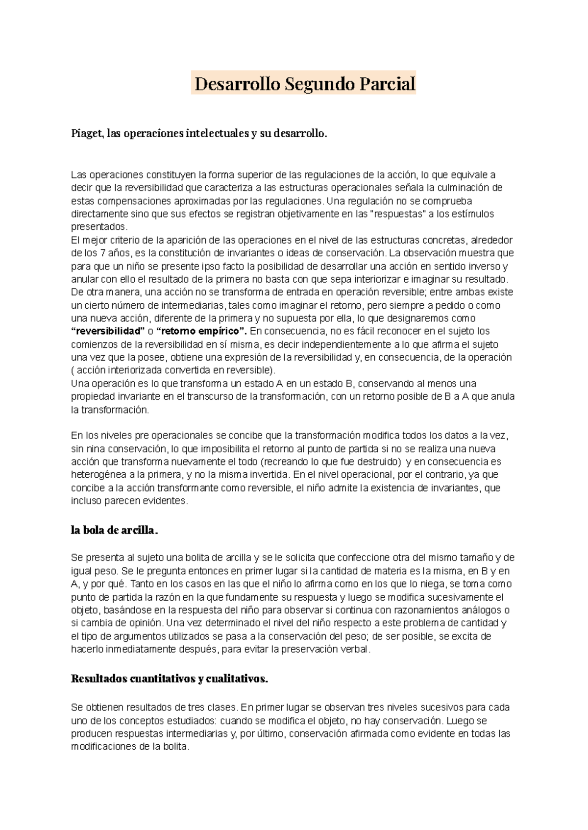 Desarrollo segundo parcial - Desarrollo Segundo Parcial Piaget, las operaciones intelectuales y ...