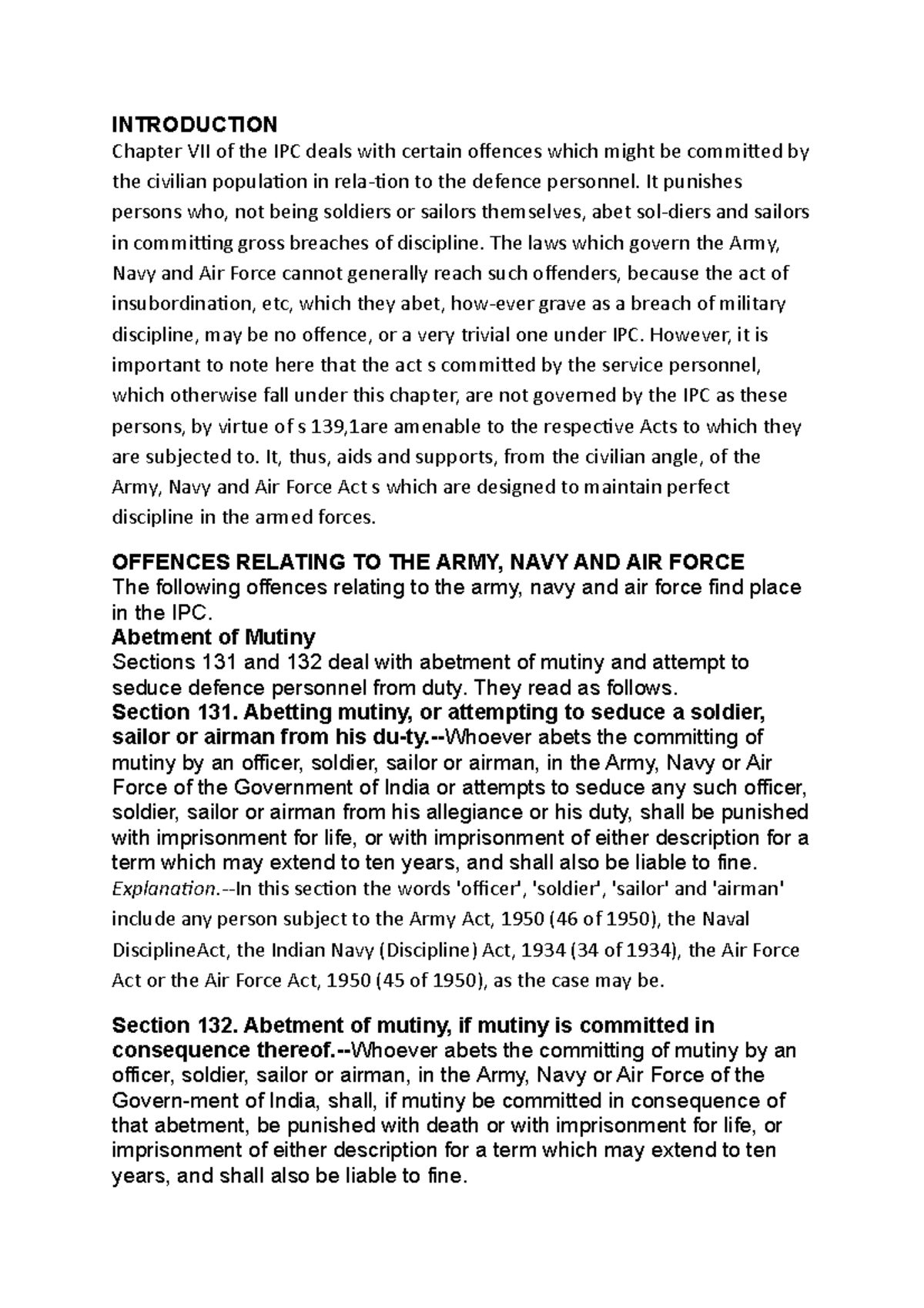 Offence against army - Lecture notes 3 - INTRODUCTION Chapter VII of ...