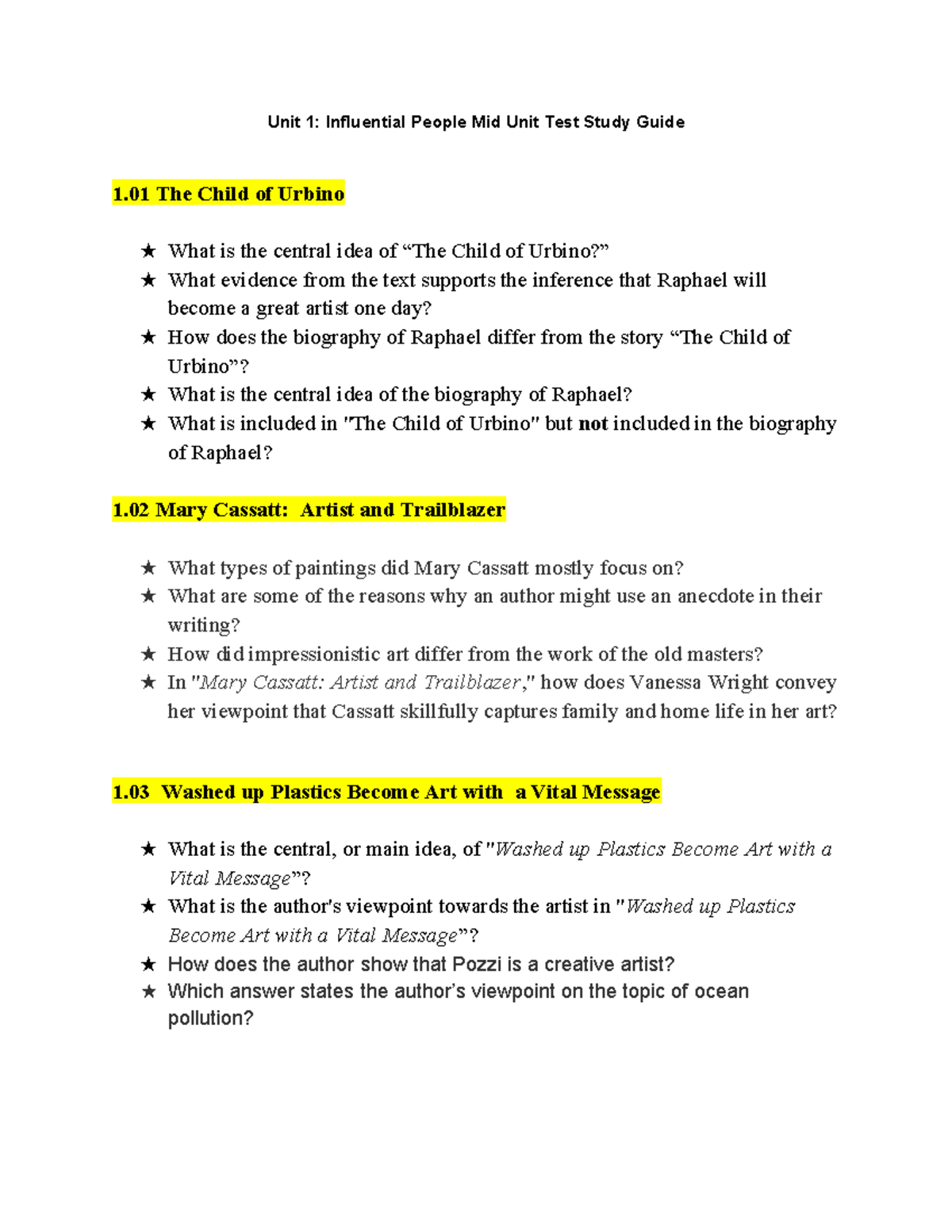 Unit 1 Influential People Mid Unit Test Study Guide - Studocu