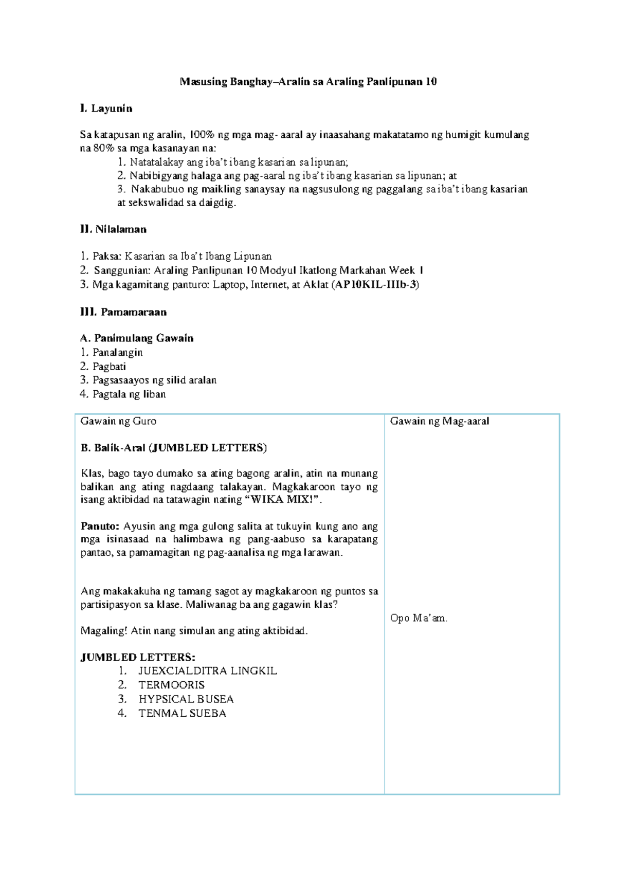 Pdfcoffee - Cbnjbdbhds - Masusing Banghay–Aralin sa Araling Panlipunan 10 I. Layunin Sa ...