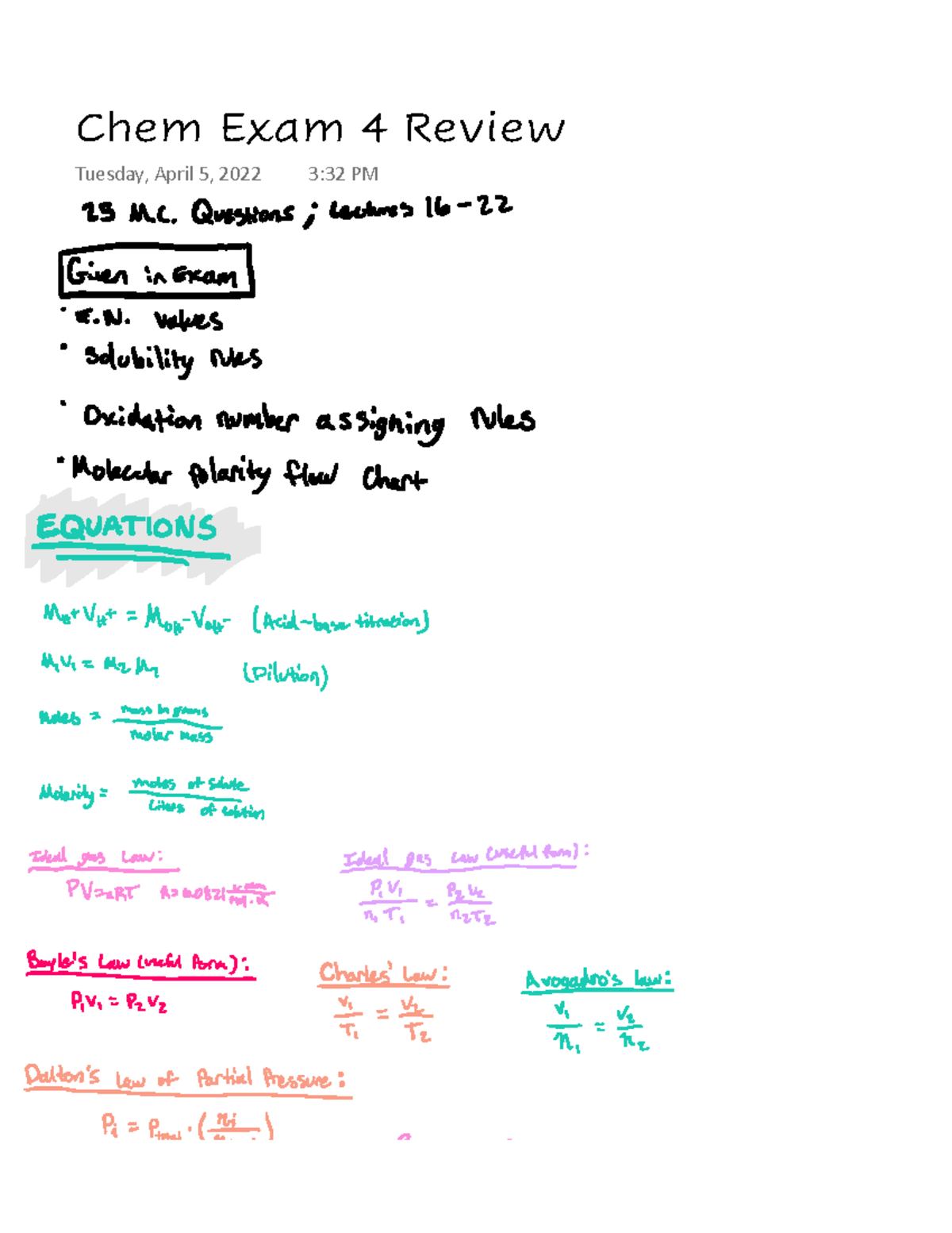 Chem Exam 4 Review - For Professor Suzuki's Class - CHE 115 - Chem Exam ...