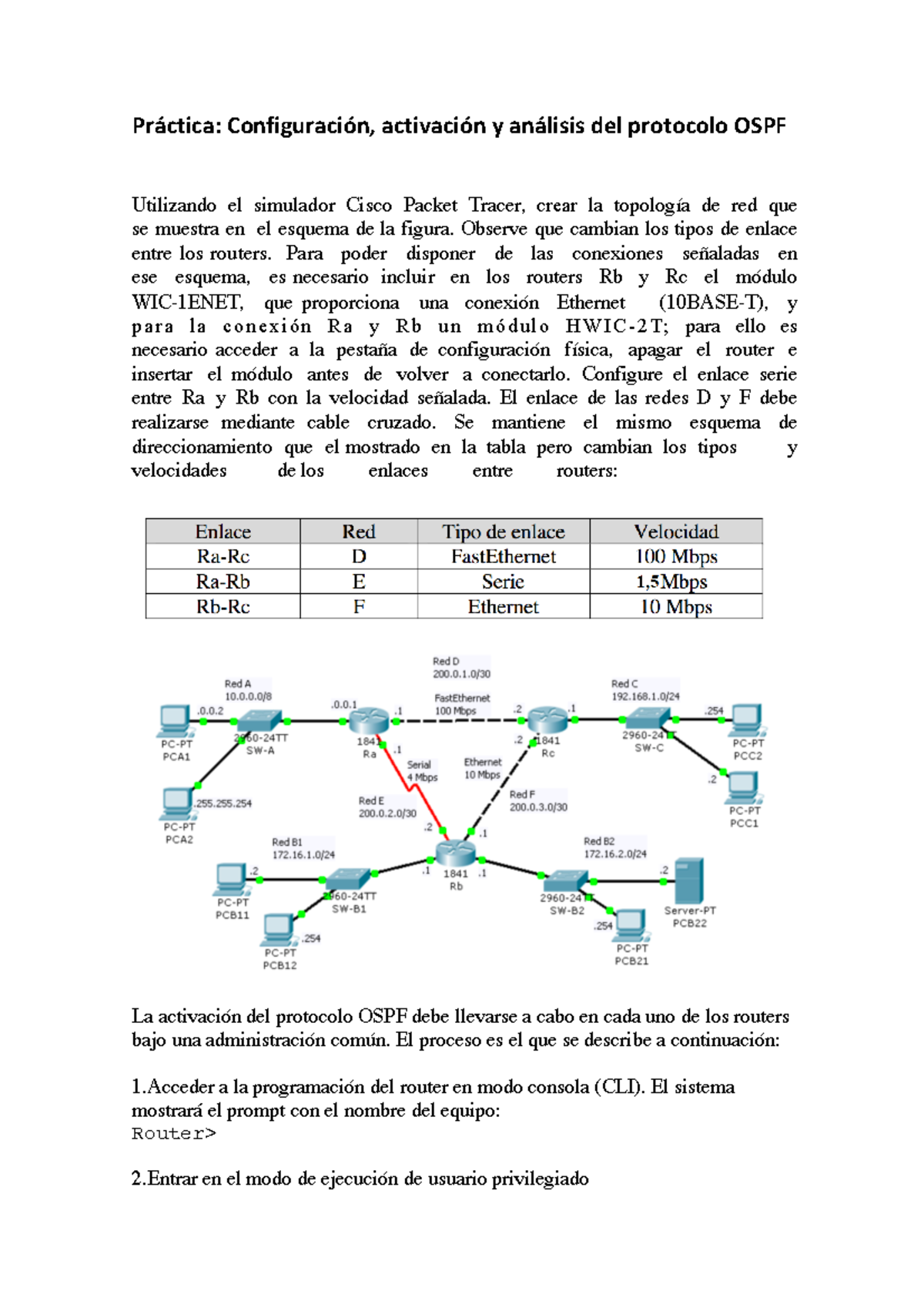 Práctica OSPF - clase - Práctica: Configuración, activación y análisis del protocolo OSPF ...