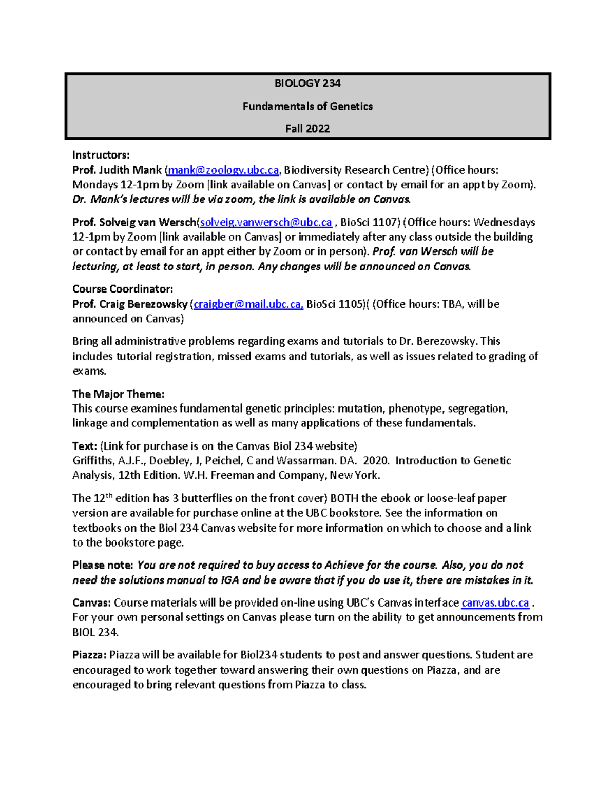 Biology 234 Syllabus 4 BIOLOGY 234 Fundamentals Of Genetics Fall 2022