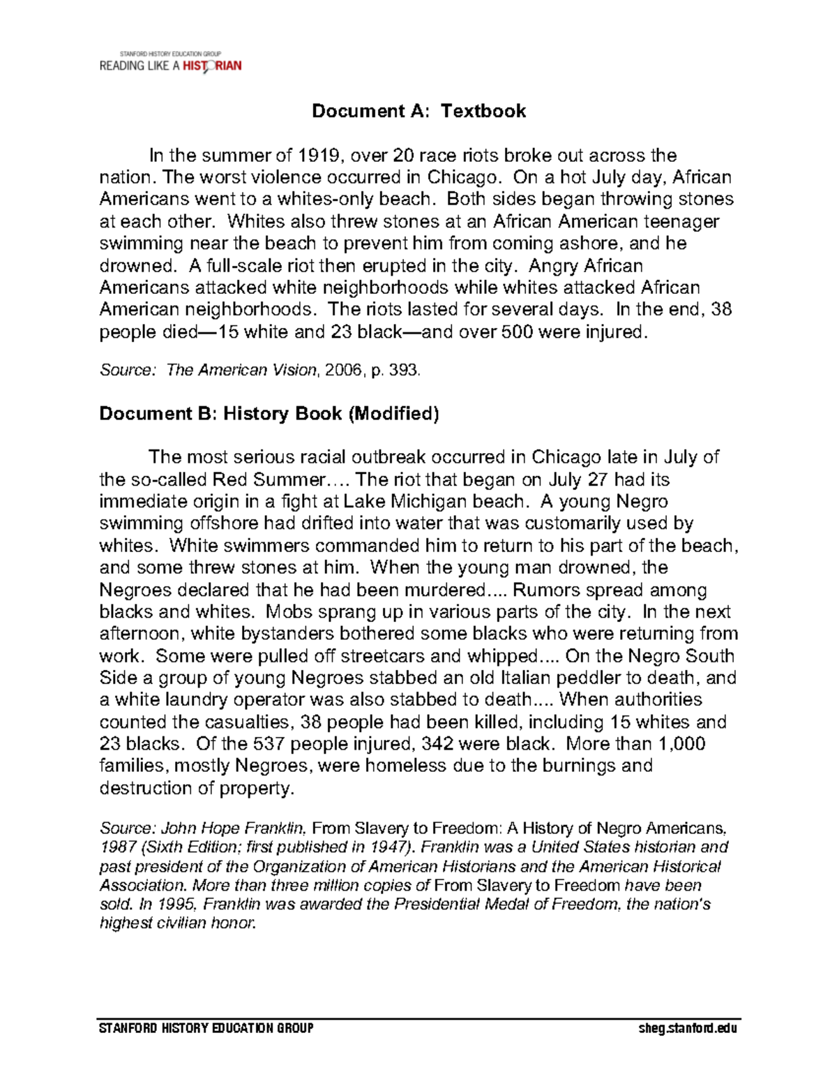 Chicago Race Riots of 1919 Student Materials - STANFORD HISTORY ...