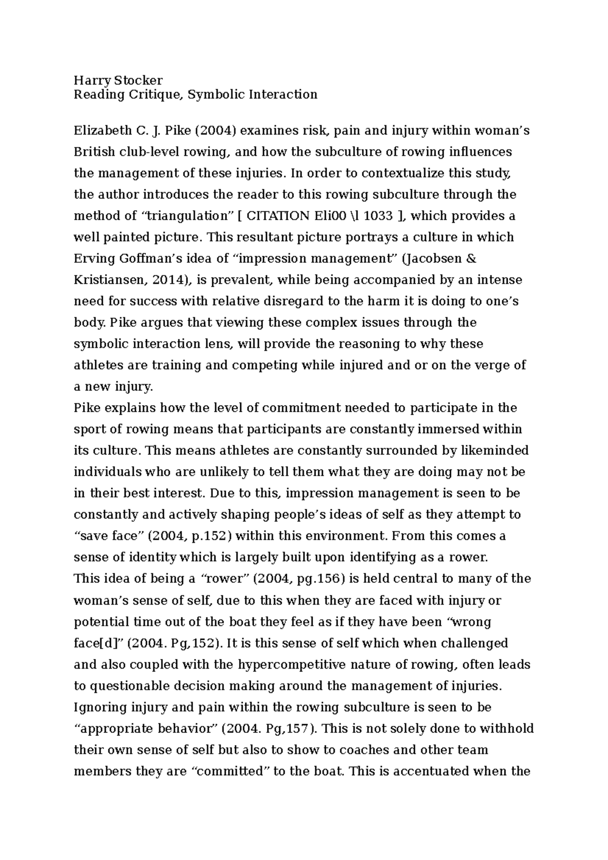 SPEX312 Reading Critiques, Symbolic interaction - Harry Stocker Reading ...