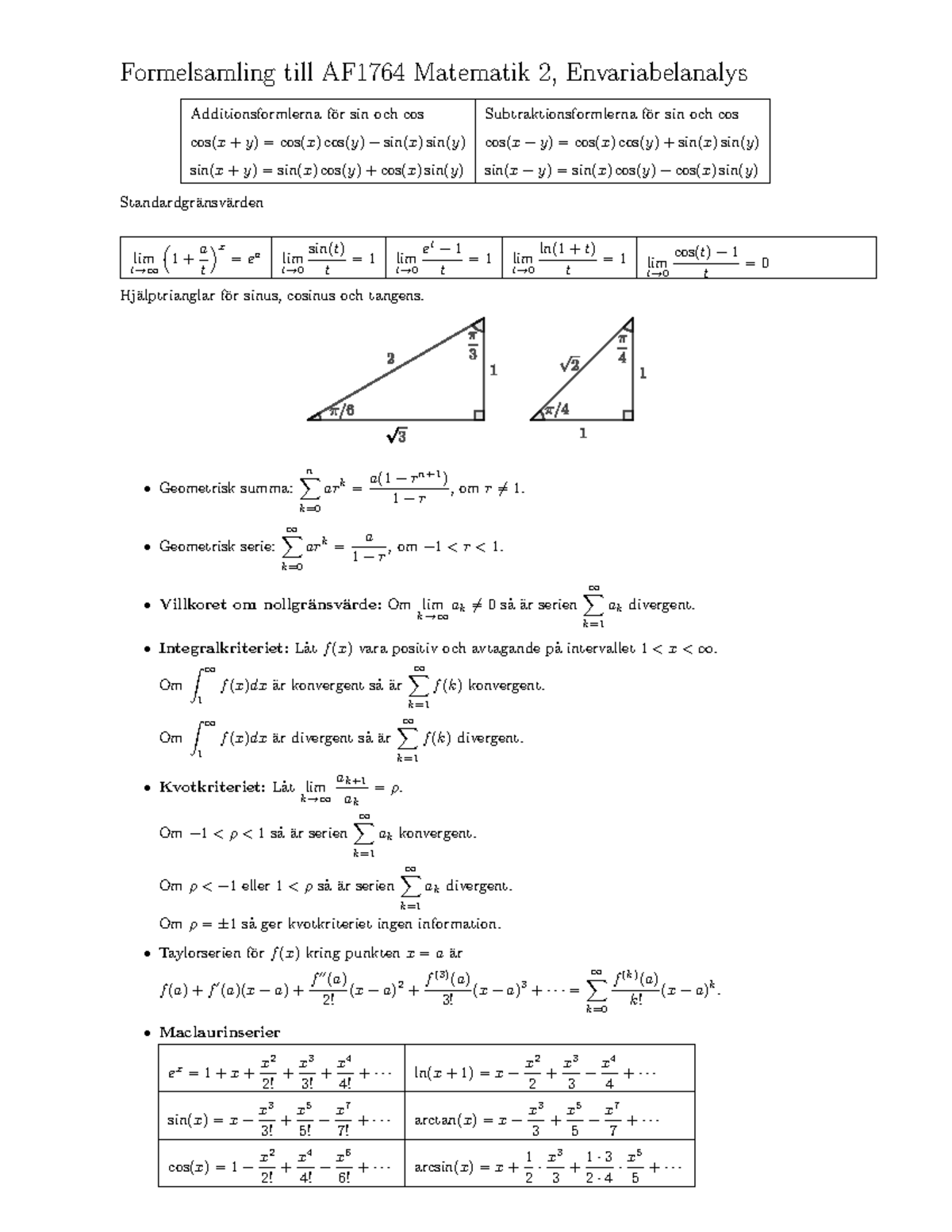AF1764 alla formler - formelsamling - Formelsamling till AF1764 Matematik 2, Envariabelanalys ...