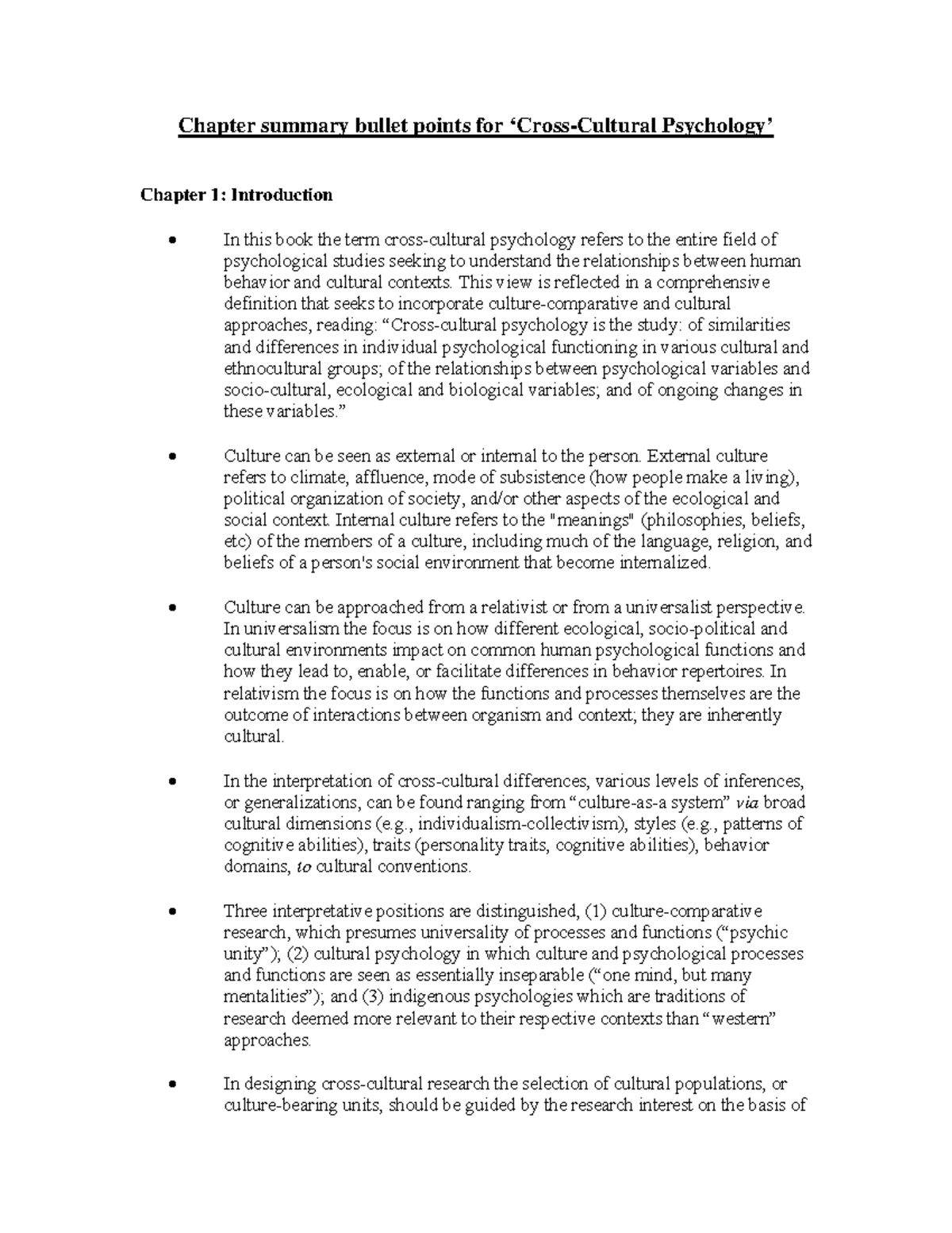 Chapter Bullet Points - Summary Cross-cultural psychology - Chapter ...