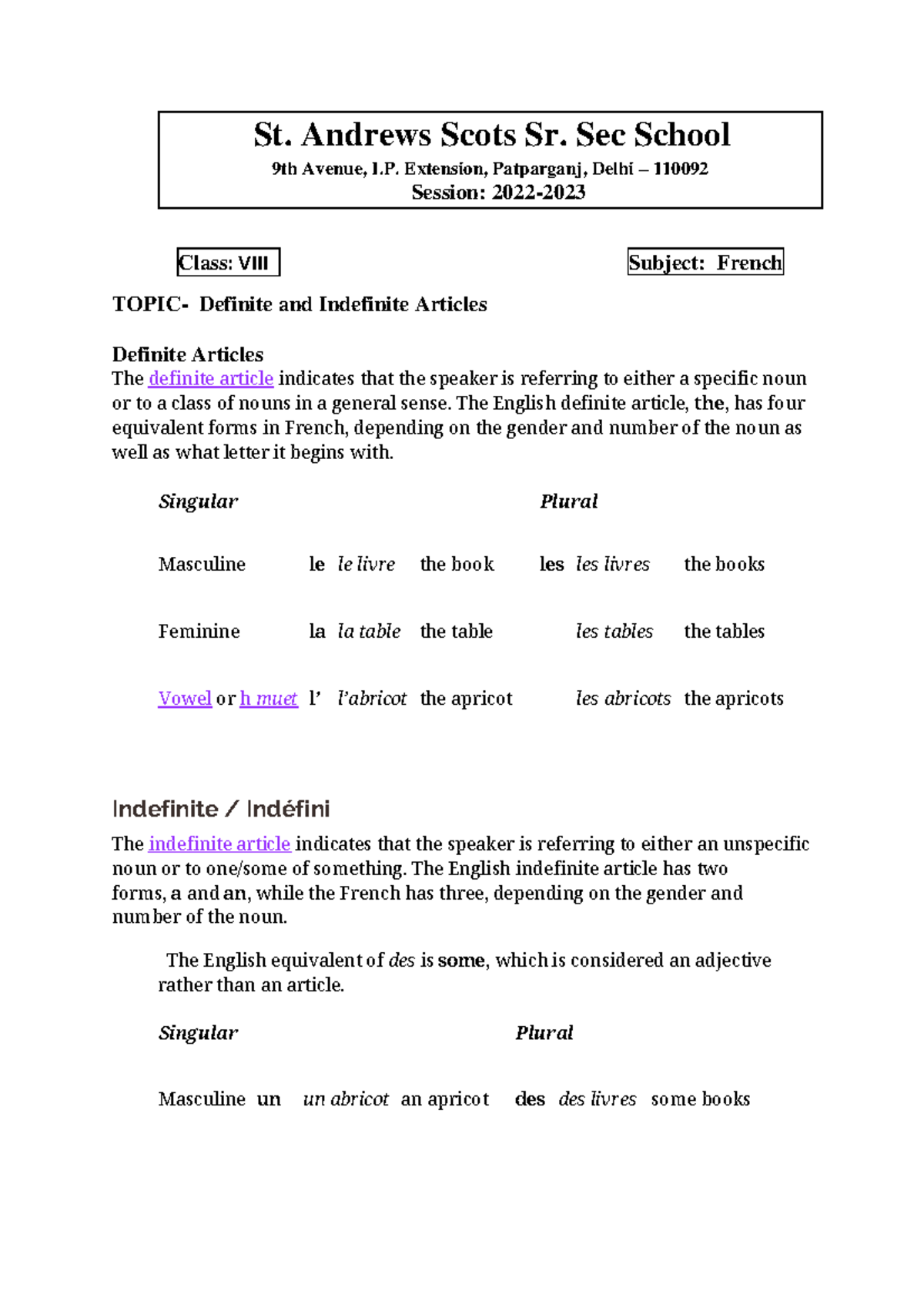 French- Revision Worksheet-2 (VIII) - St. Andrews Scots Sr. Sec School ...