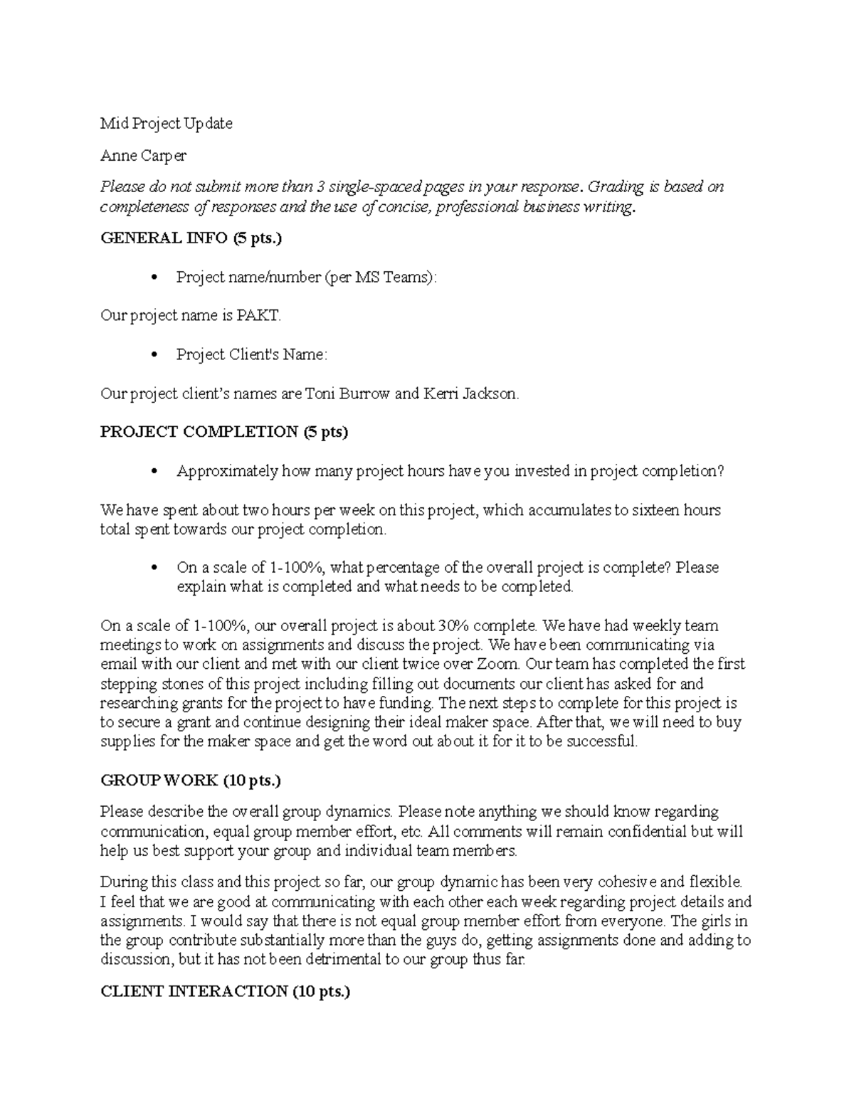 Mid Project Update - Mid Project Update Anne Carper Please do not ...