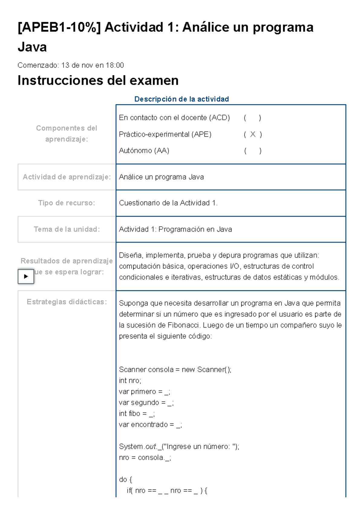 Examen [APEB 1-10%] Actividad 1 Análice un programa Java 10-10 - [APEB1 ...
