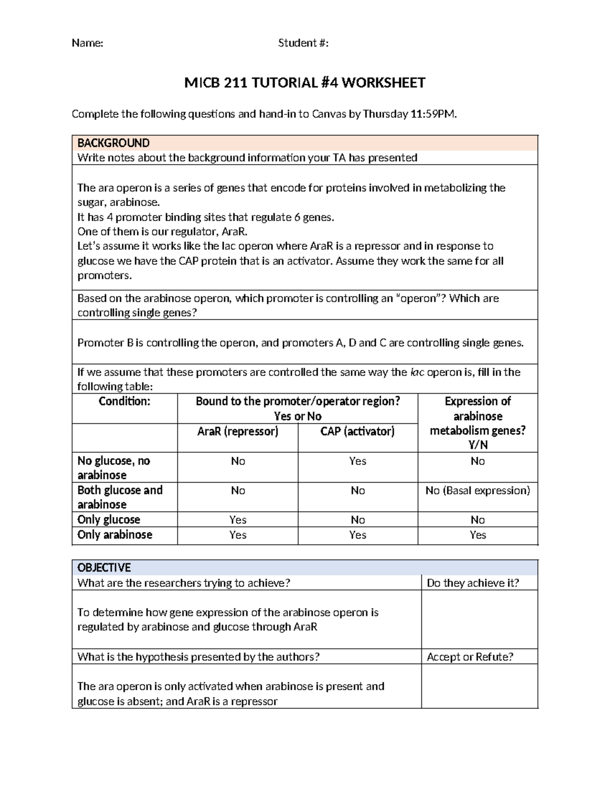 MICB211 Tutorial 4 Worksheet - Name: Student #: MICB 211 TUTORIAL #4 ...