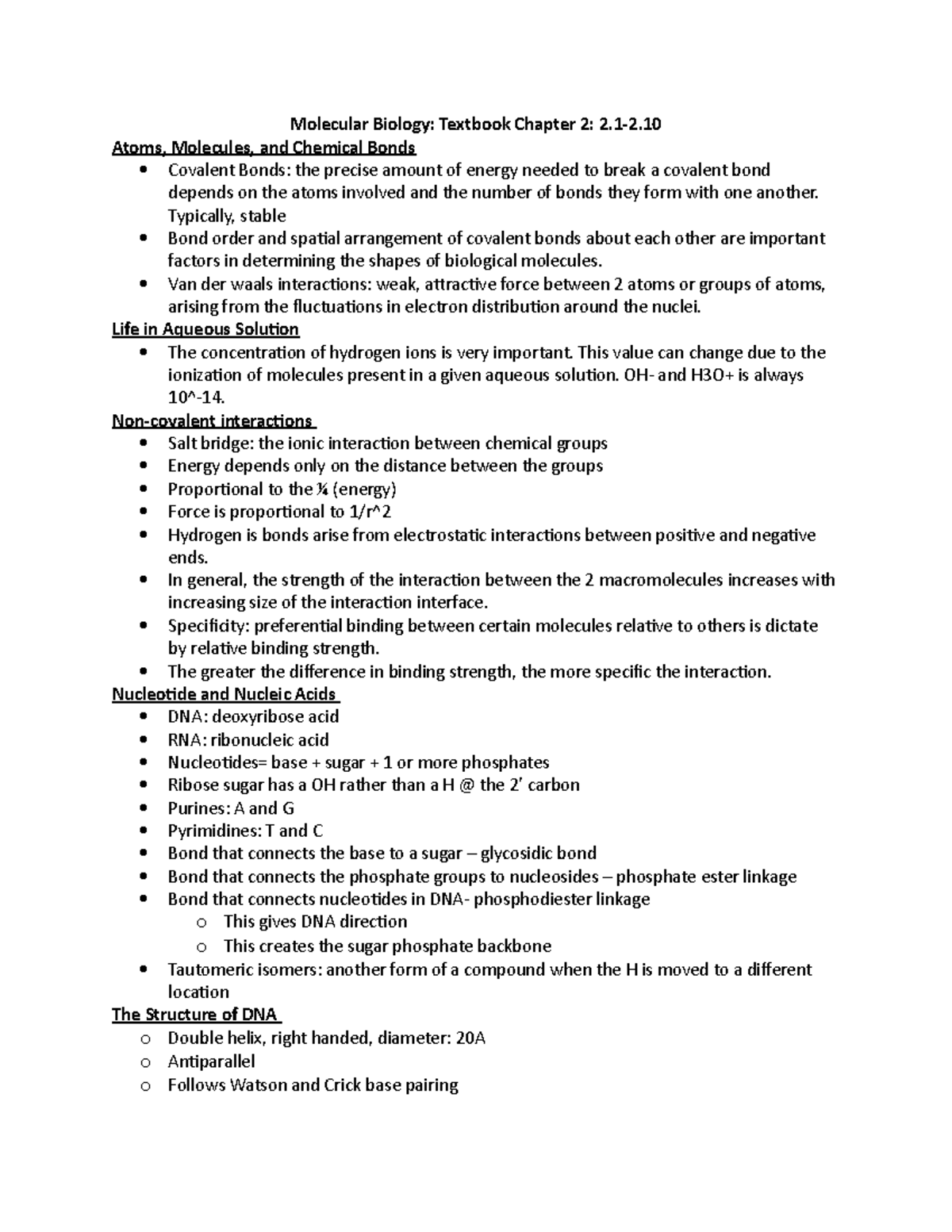 Molecular Biology Textbook Notes Chapter 2.1-2.10 - Molecular Biology ...