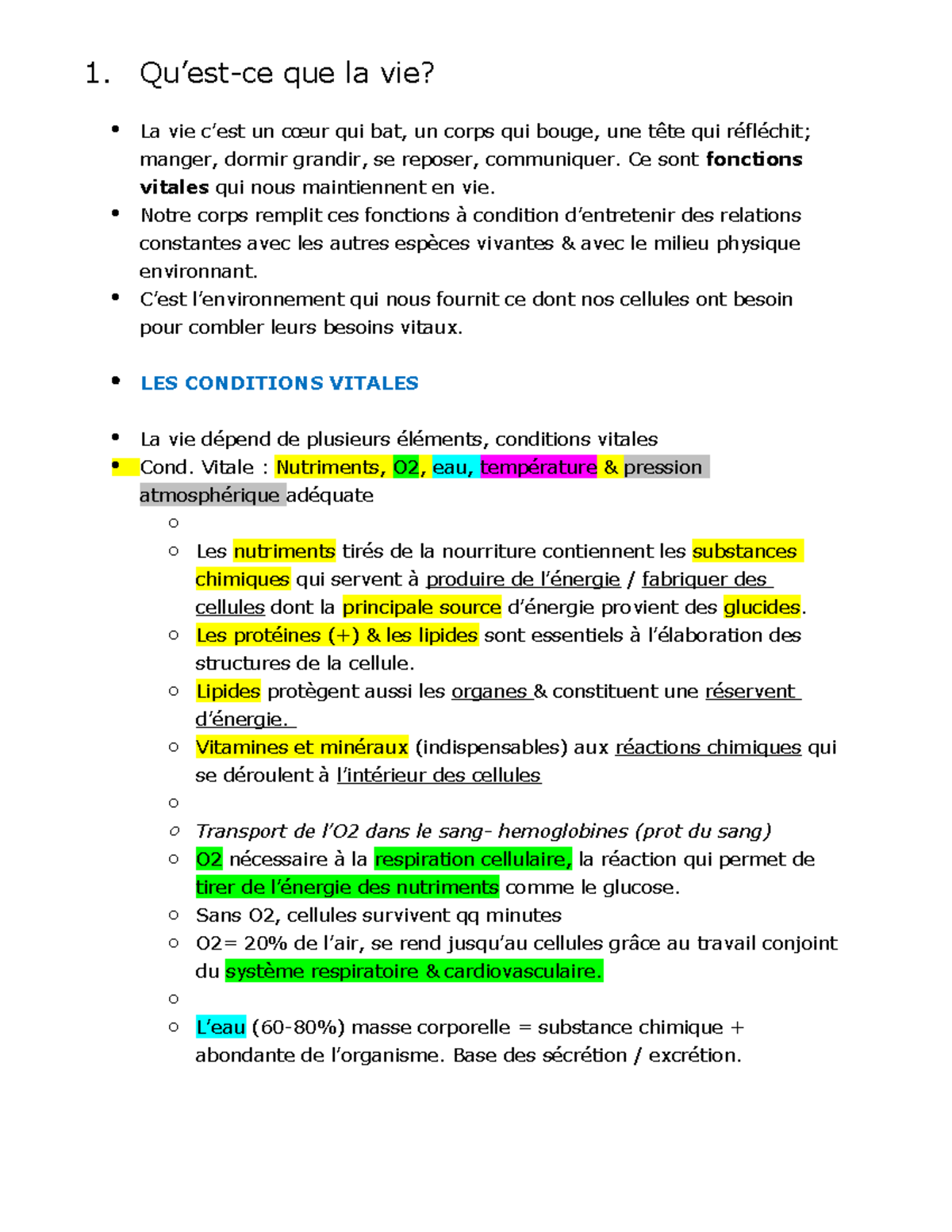 Module 1 biologie humaine notes de cours - 1. Qu’est-ce que la vie? La ...