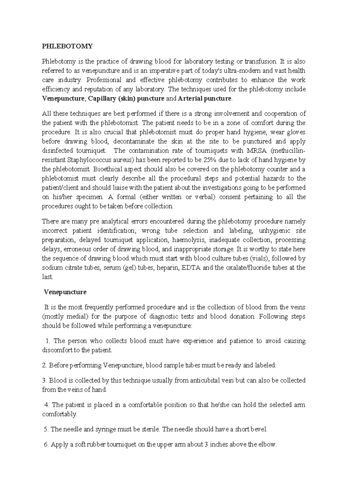 Phlebotomy - PHLEBOTOMY Phlebotomy is the practice of drawing blood for ...