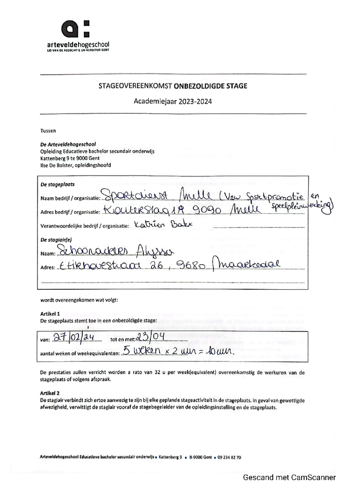 Stageovereenkomst ouderen - LO Bewegingsrecreatie - Studocu