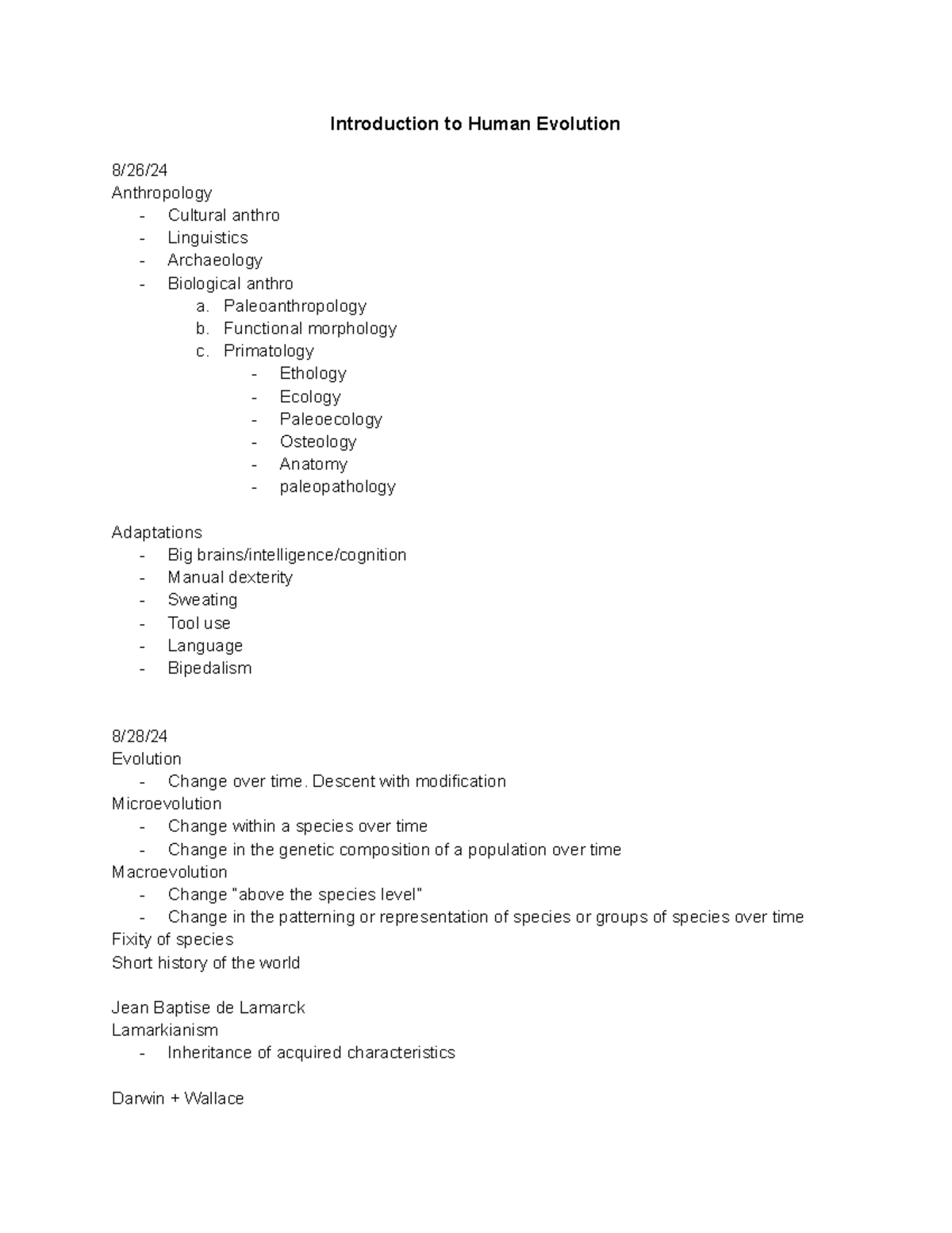 FL2024.L48.Anthro.150A.01 Notes - Introduction to Human Evolution 8/26 ...