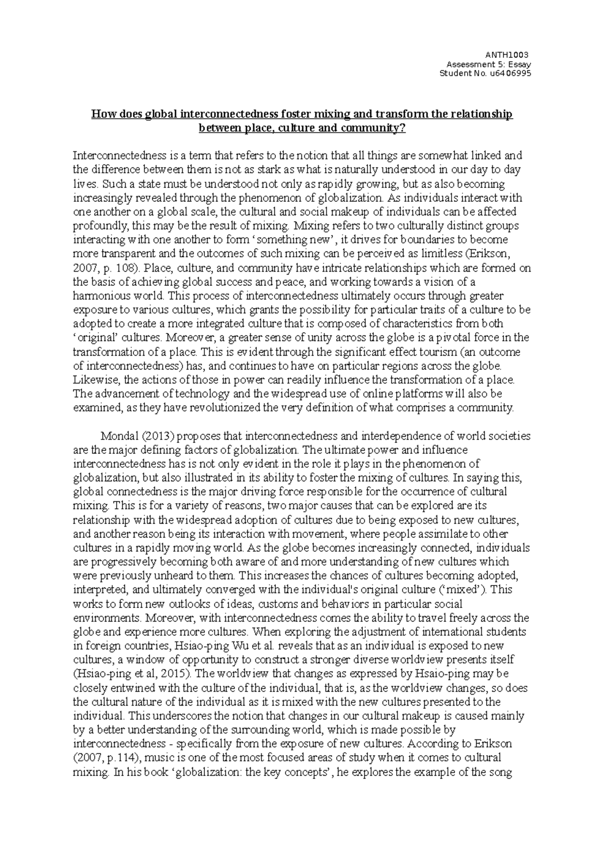 ANTH1003 - Essay - Grade: 78 - ANTH1003 Assessment 5: Essay Student No ...