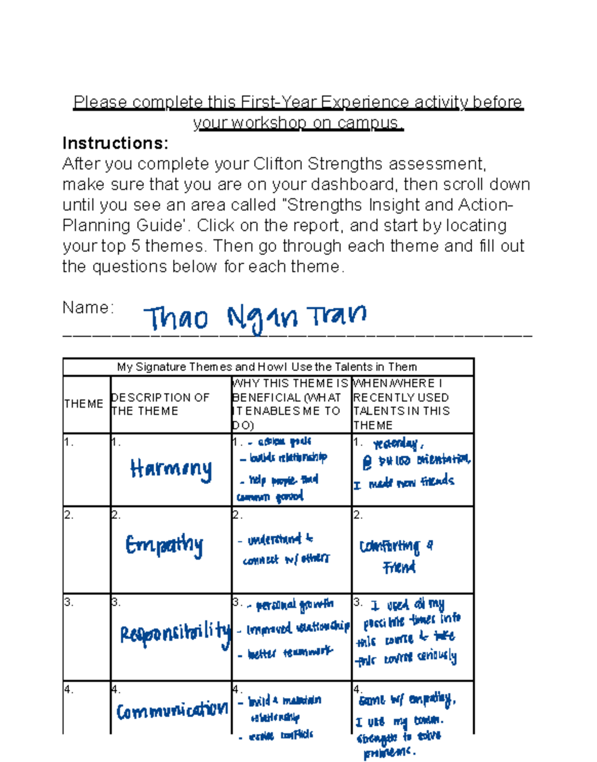 Signature Themes Table - Please complete this First-Year Experience ...