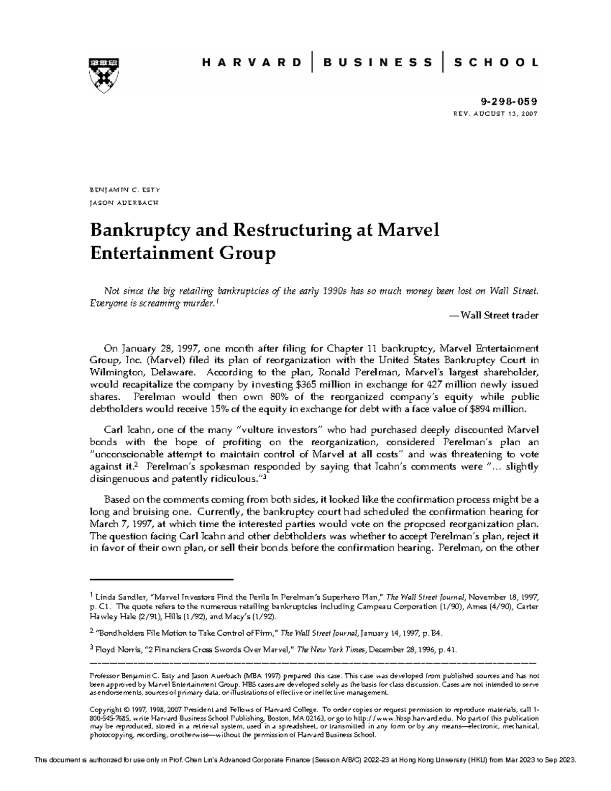 Case 4-Bankruptcy and Restructuring at Marvel Entertainment Group ...