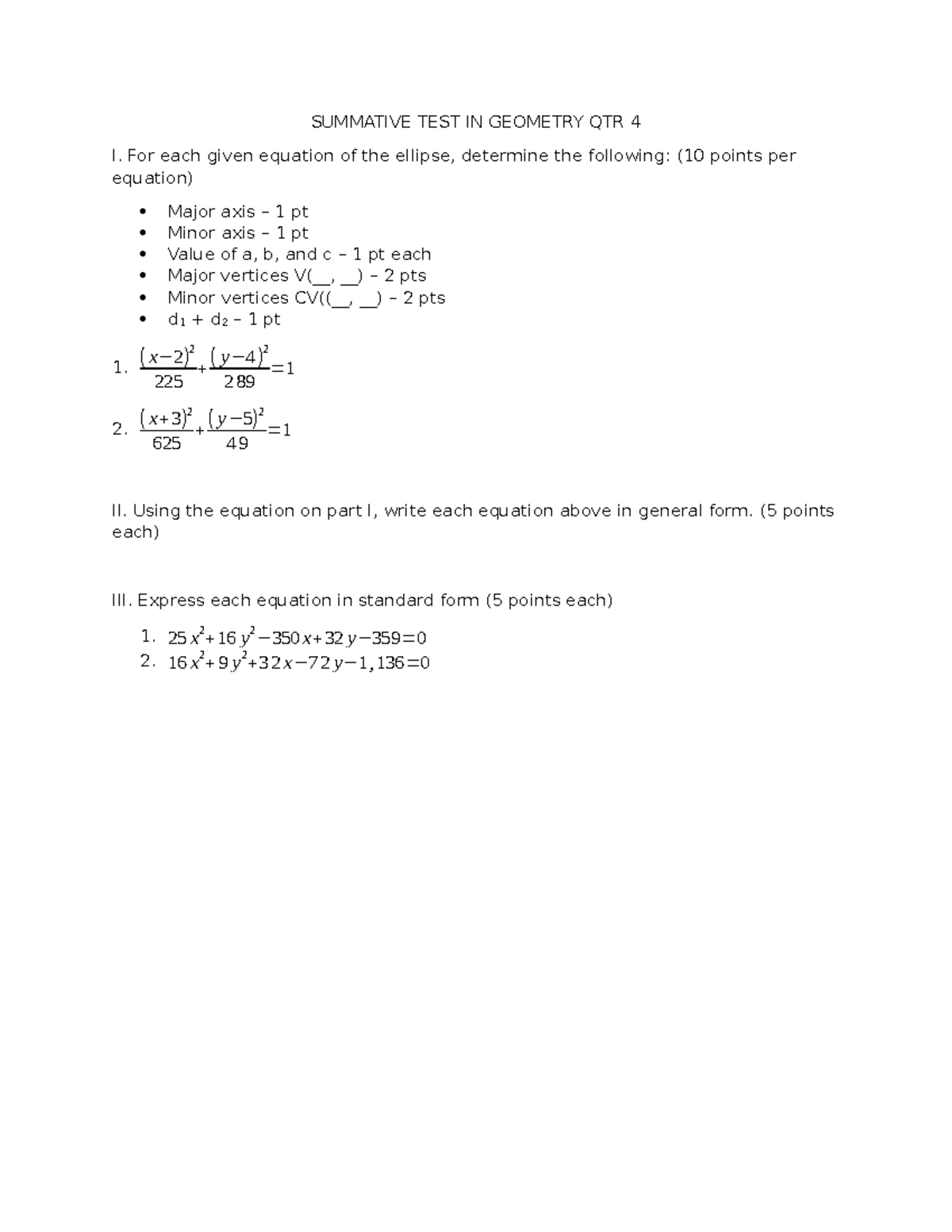 Summative TEST IN Geometry QTR 4 - SUMMATIVE TEST IN GEOMETRY QTR 4 I ...