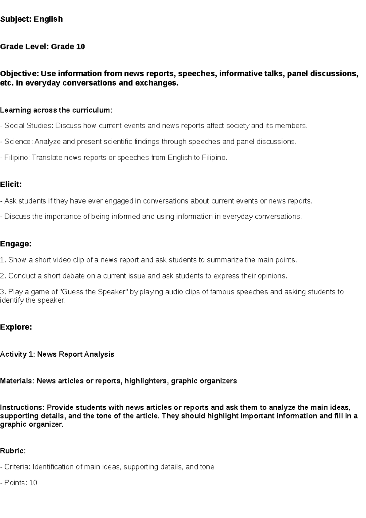 Lesson plan - Subject: English Grade Level: Grade 10 Objective: Use ...