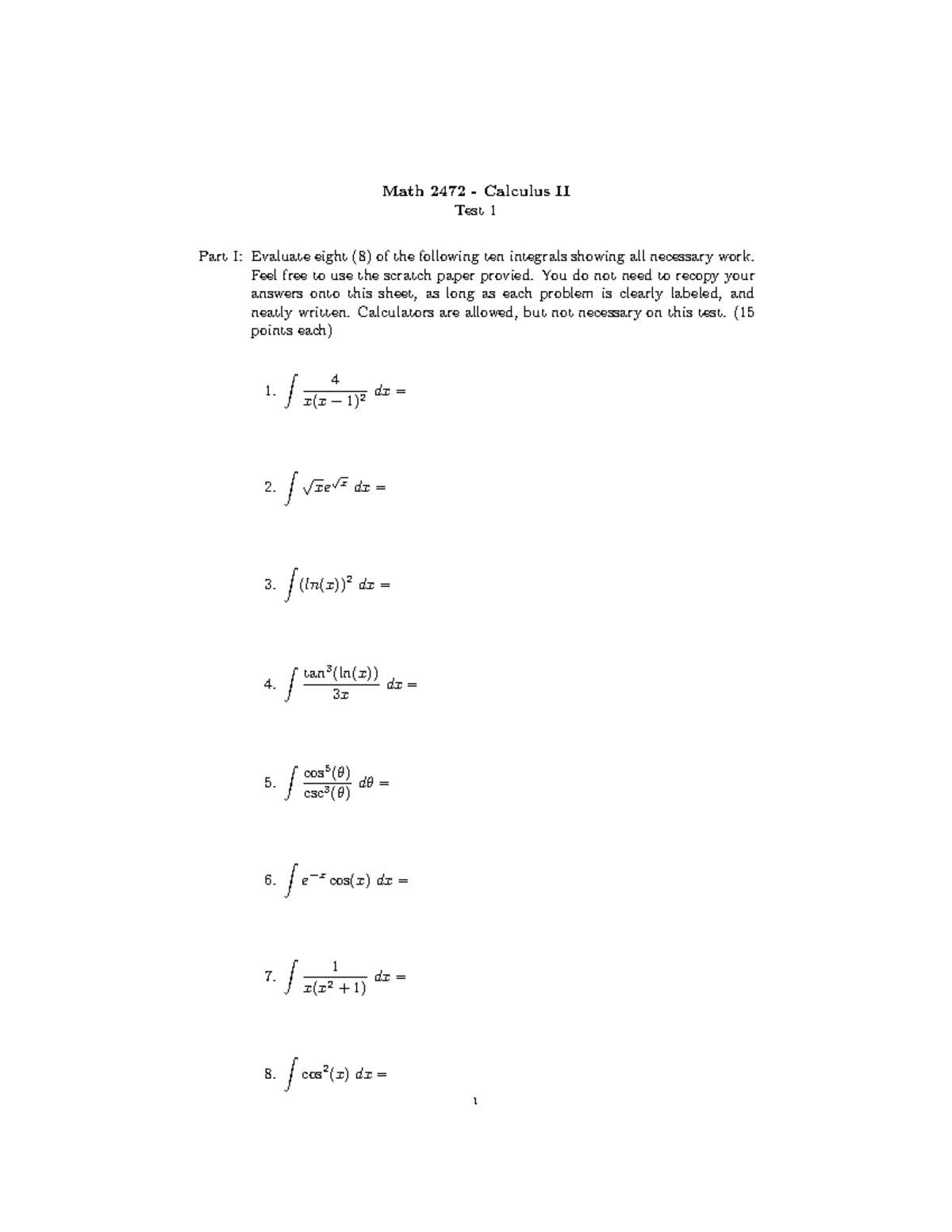 Calc2Sample Test 1 - Exam review - Math 2472 - Calculus II Test 1 Part ...