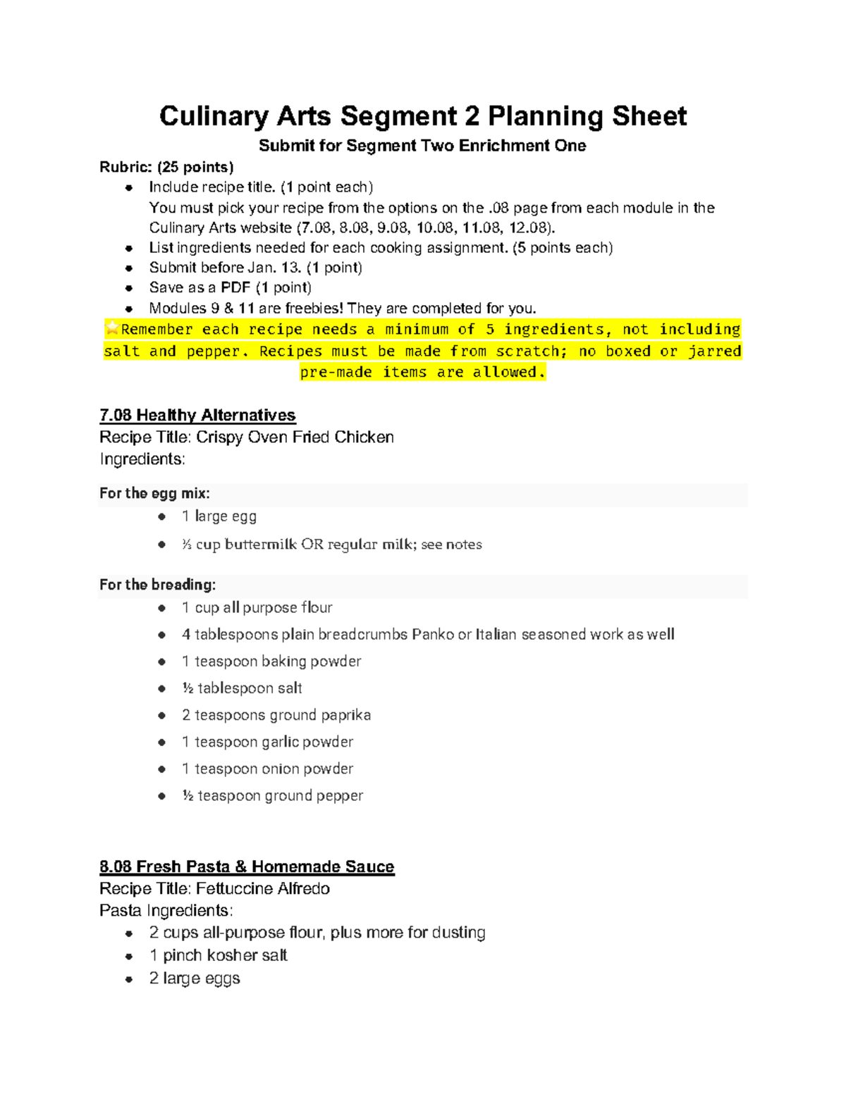 Culinary 1 Segment 2 Planning Sheet - Culinary Arts Segment 2 Planning ...