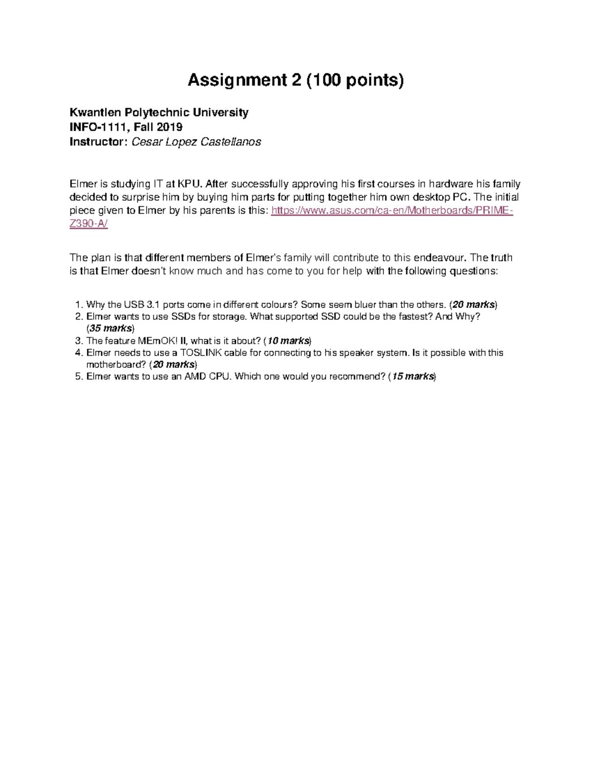 Assignment 2 Fall 2019 - Assignment 2 (100 points) Kwantlen Polytechnic ...