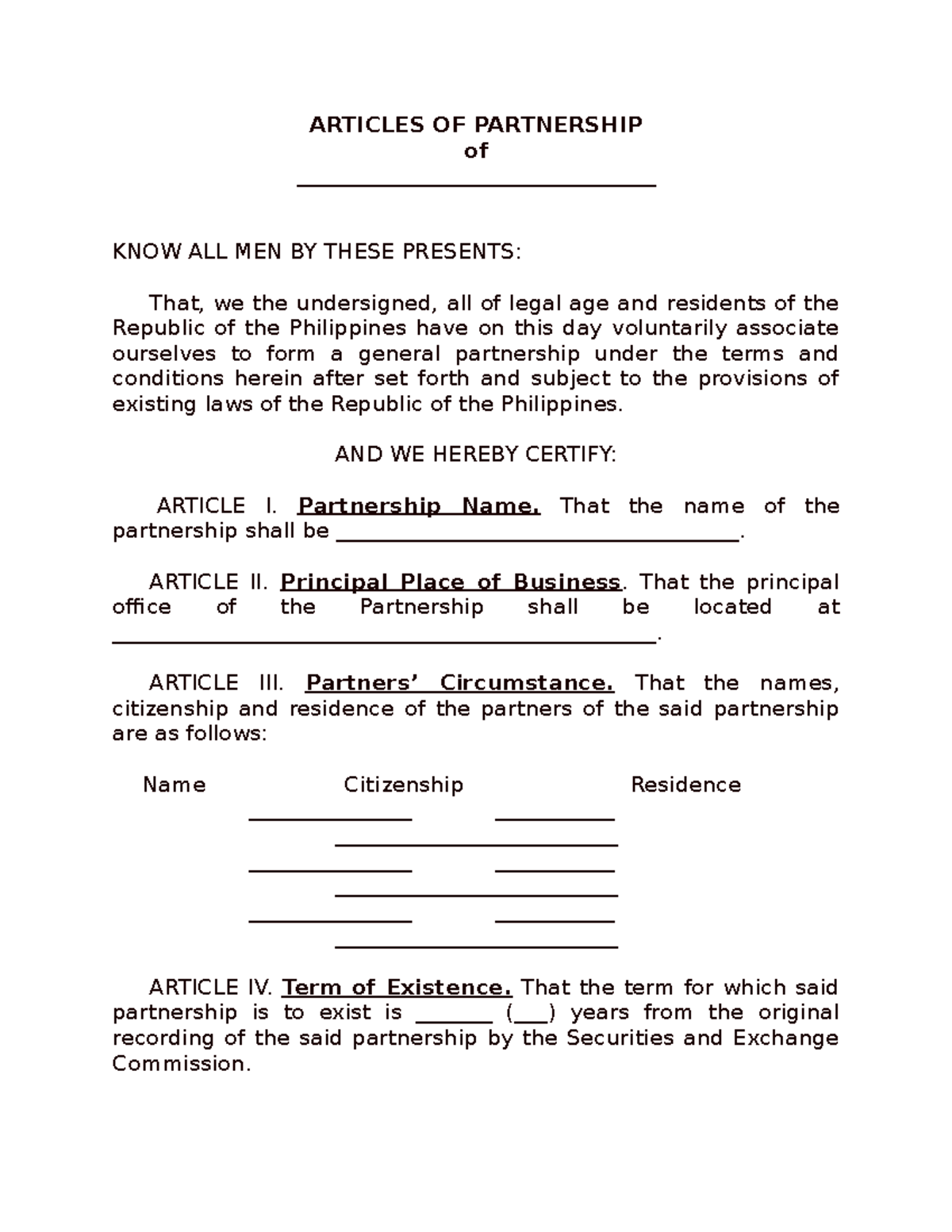 Articles of partnership - ARTICLES OF PARTNERSHIP of ...