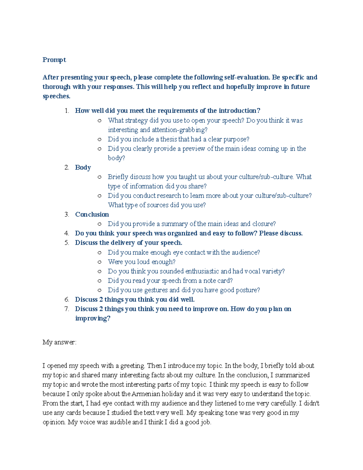 Special Interest Speech Self-Evaluation - Prompt After presenting your ...