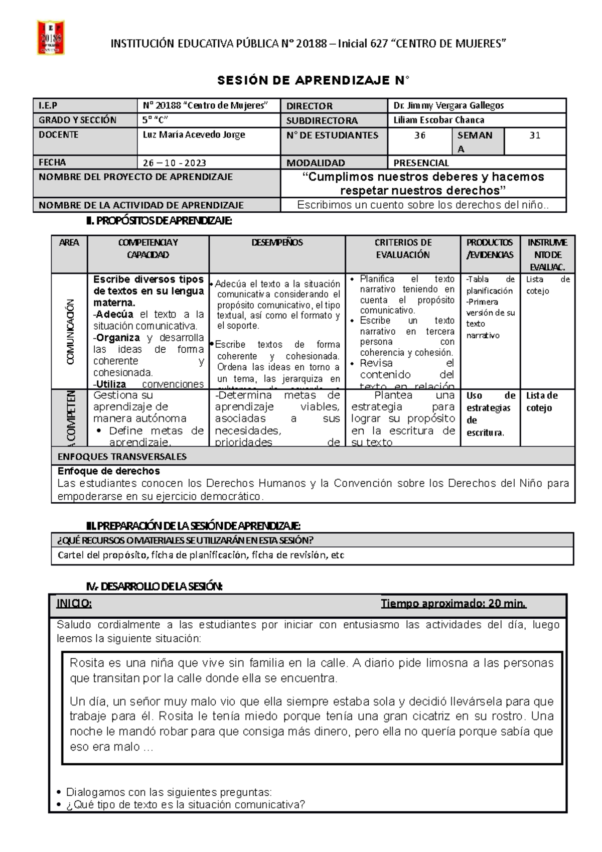 5° Comunicación.- Escribimos UN Cuento - SESIÓN DE APRENDIZAJE N° I.E N° 20188 “Centro de ...