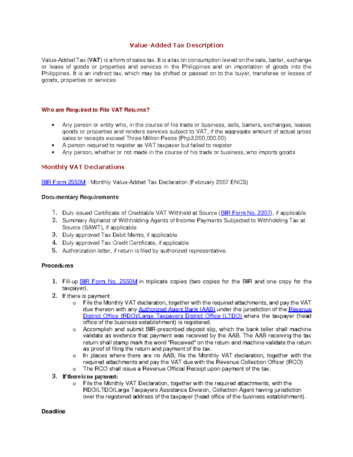 Value Added Tax Monthly Vat Declaration - Value-Added Tax Description ...