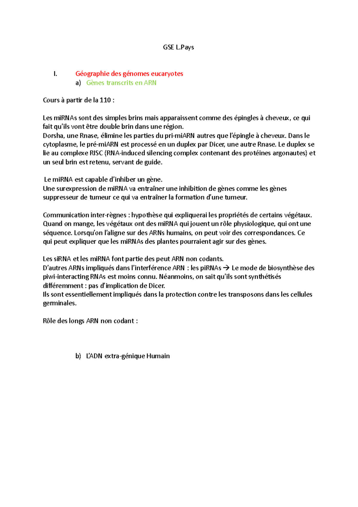 GSE cours Mme Legras - GSE L I. Géographie des génomes eucaryotes a ...