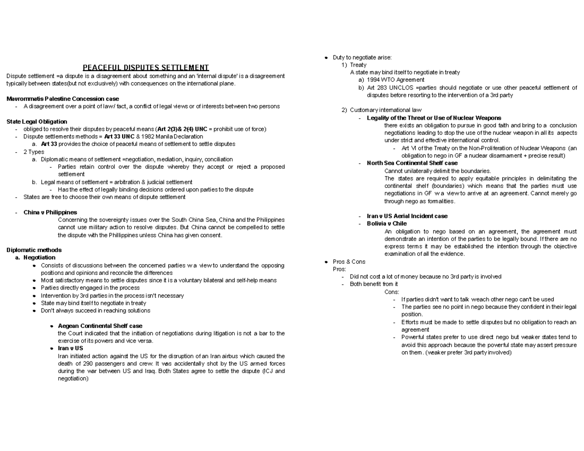 1 Peaceful Settlement Notes - PEACEFUL DISPUTES SETTLEMENT Dispute ...