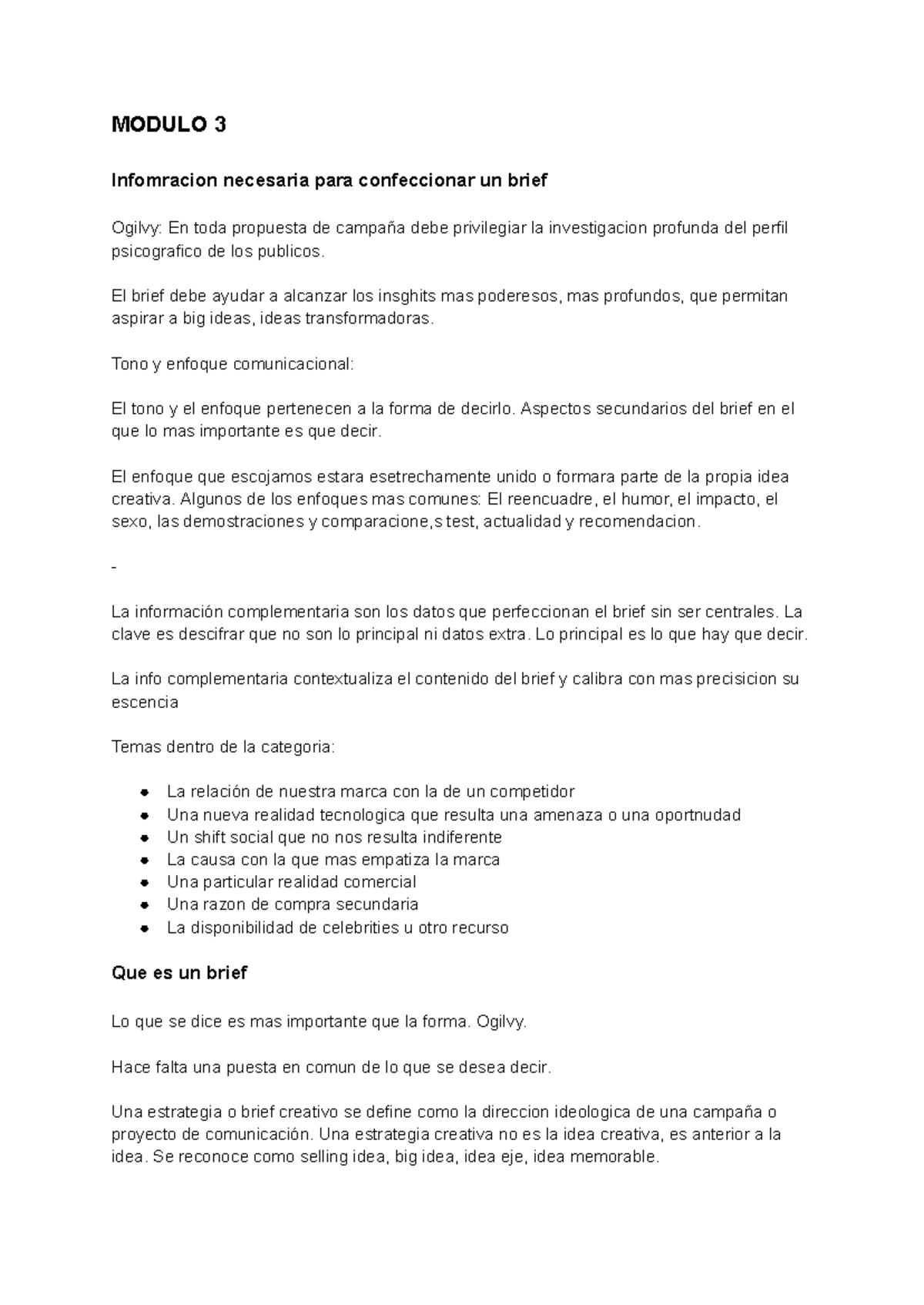 Resumen M3 Y M4 - MODULO 3 Infomracion necesaria para confeccionar un brief Ogilvy: En toda ...