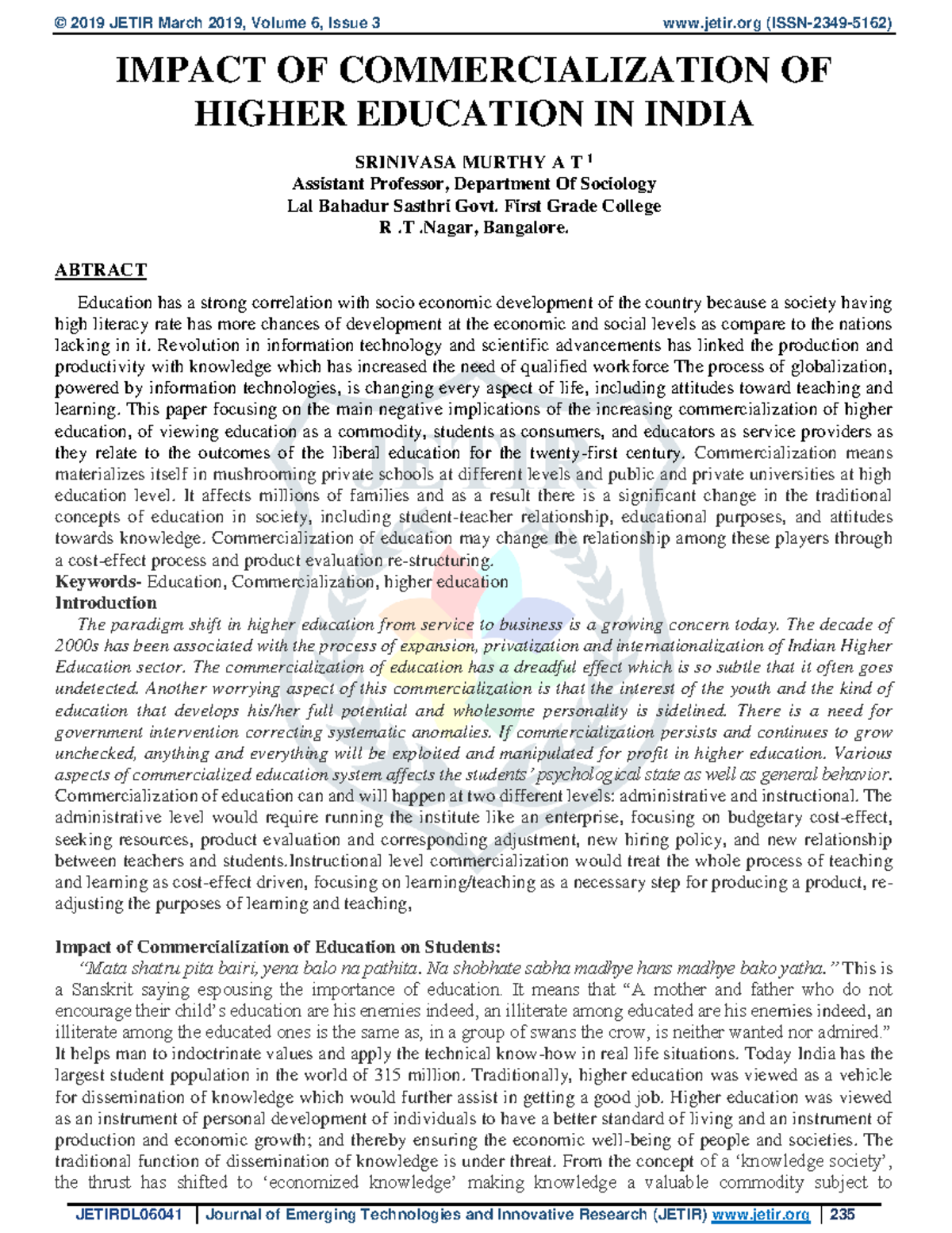 Commercialisation of education - IMPACT OF COMMERCIALIZATION OF HIGHER ...