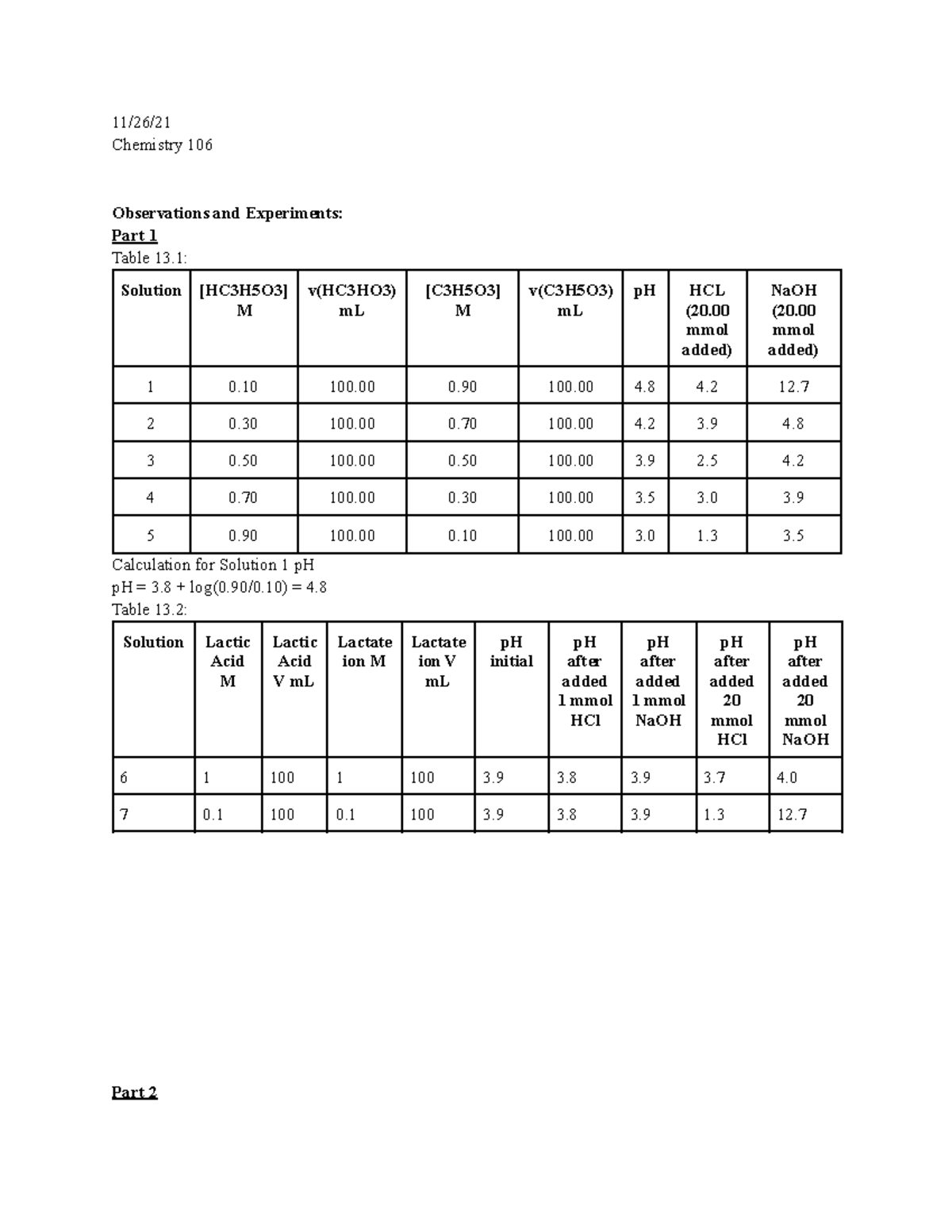 Lab 13 Report Chemistry 106 2021-2022 - 11/26/ Chemistry 106 ...