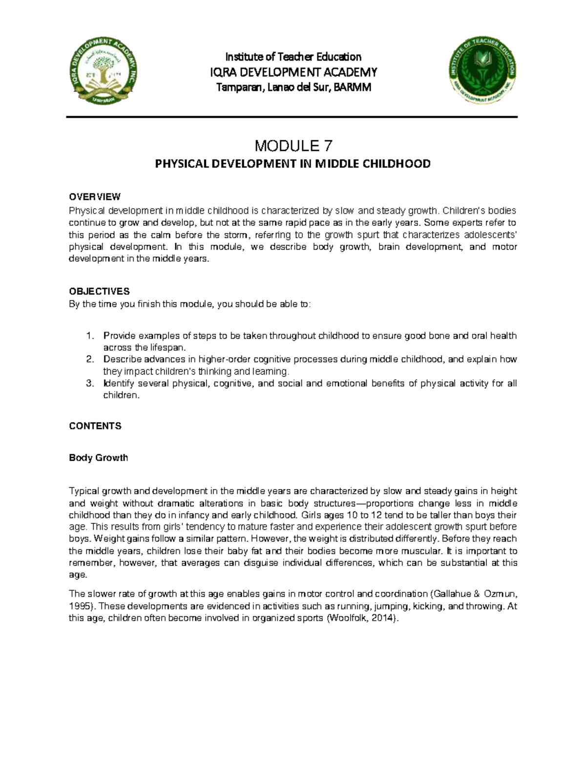 Physical Development in Middle Childhood - Institute of Teacher ...