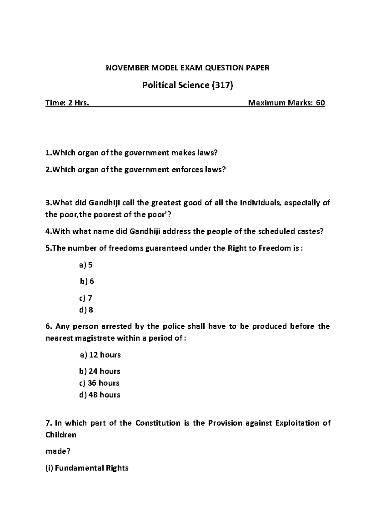 Political science qp - NOVEMBER MODEL EXAM QUESTION PAPER Political ...
