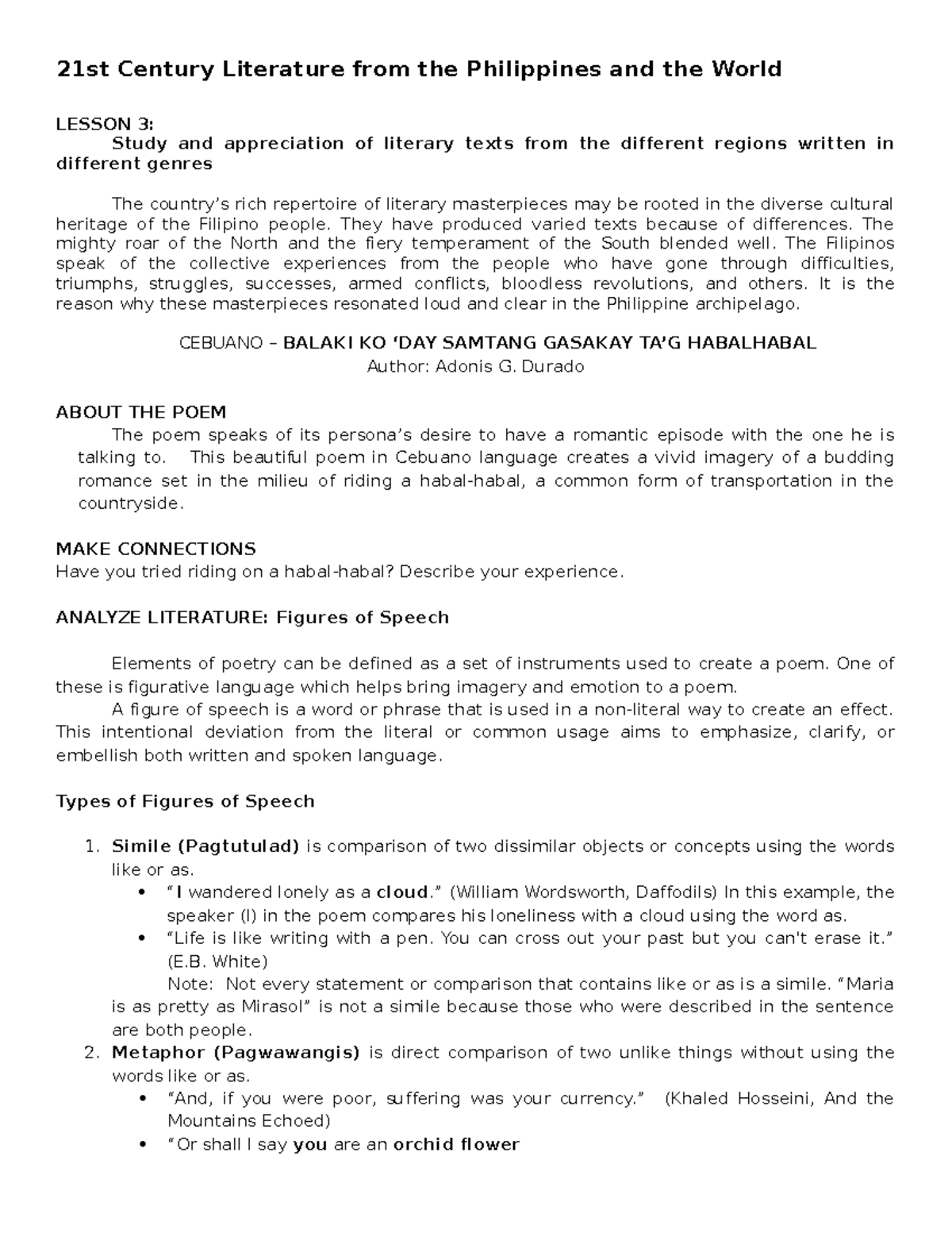 Lesson 3 Figures OF Speech - 21st Century Literature from the ...