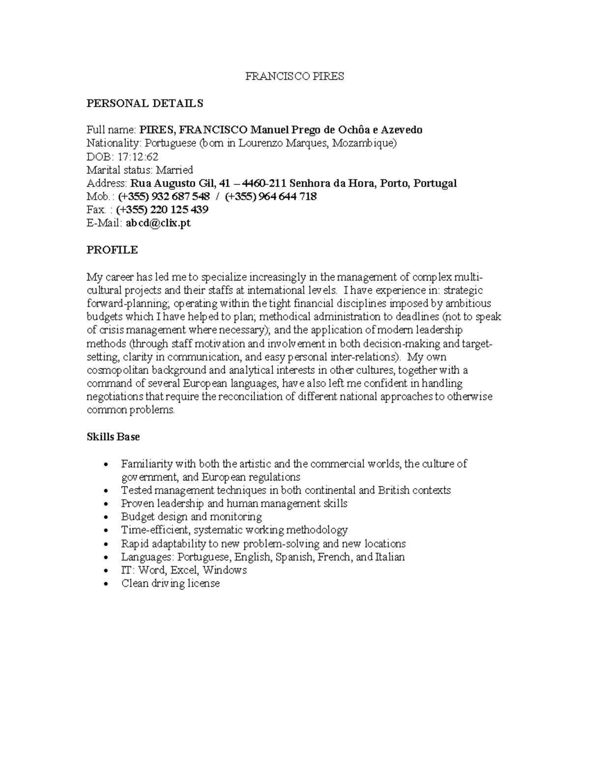 14. Example CV -Job seeker 2 - FRANCISCO PIRES PERSONAL DETAILS Full ...